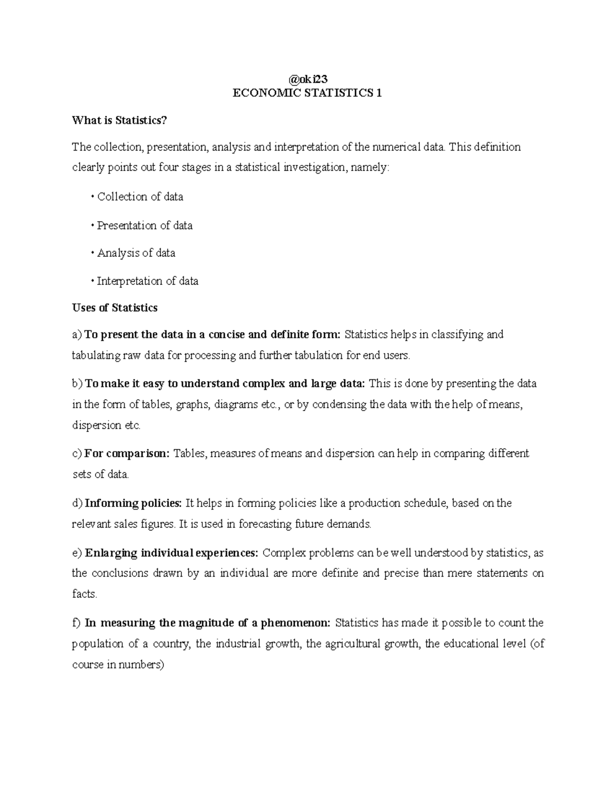 ECON 101 Economic Statistics Lecture Notes - Key Concepts and Methods ...