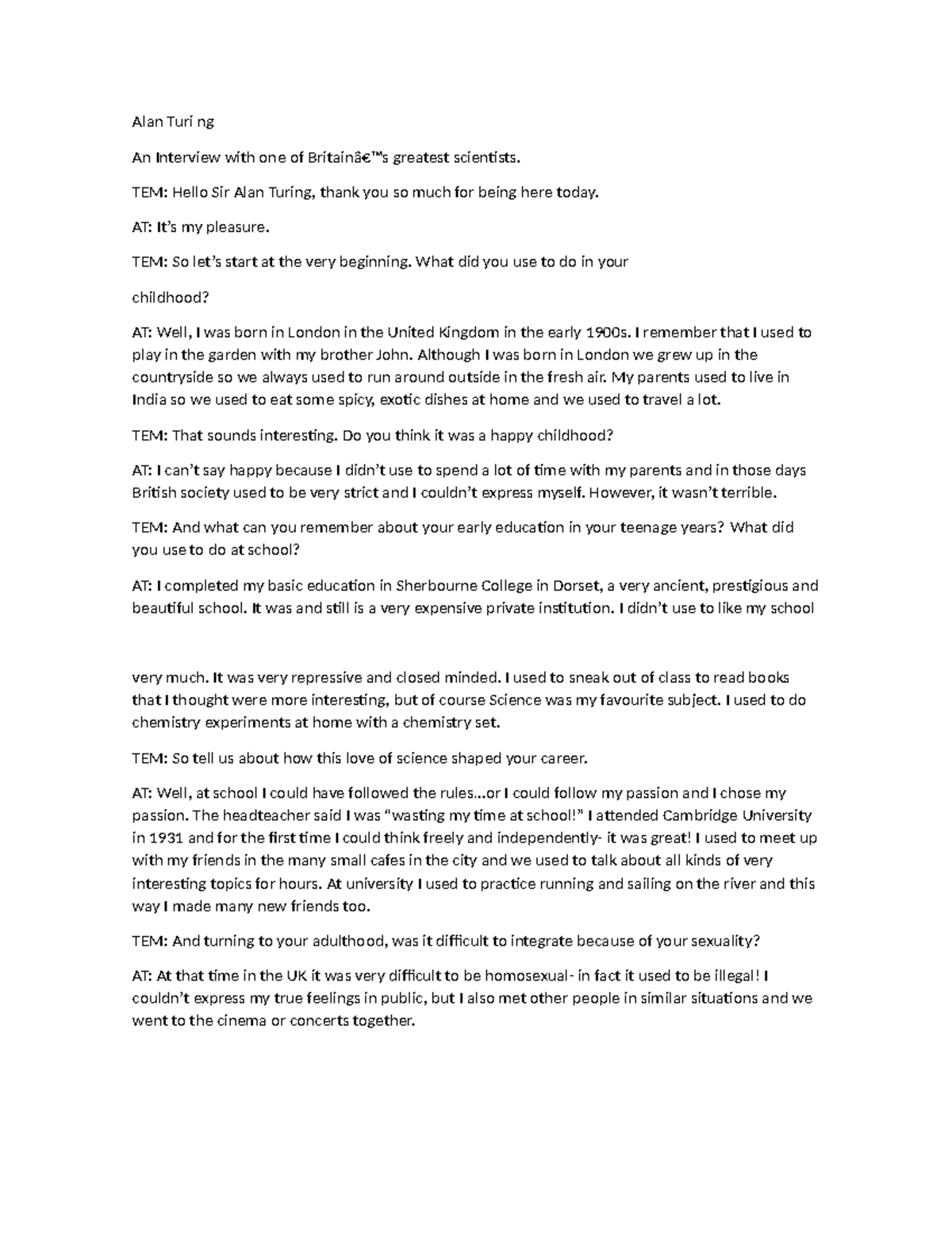 Entrevista con Alan Turing: Vida y Contribuciones Científicas - Studocu