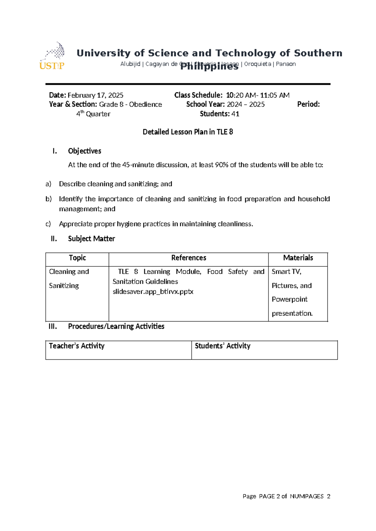 DLP TLE 8: Cleaning and Sanitizing Lesson Plan for 4th Quarter - Studocu