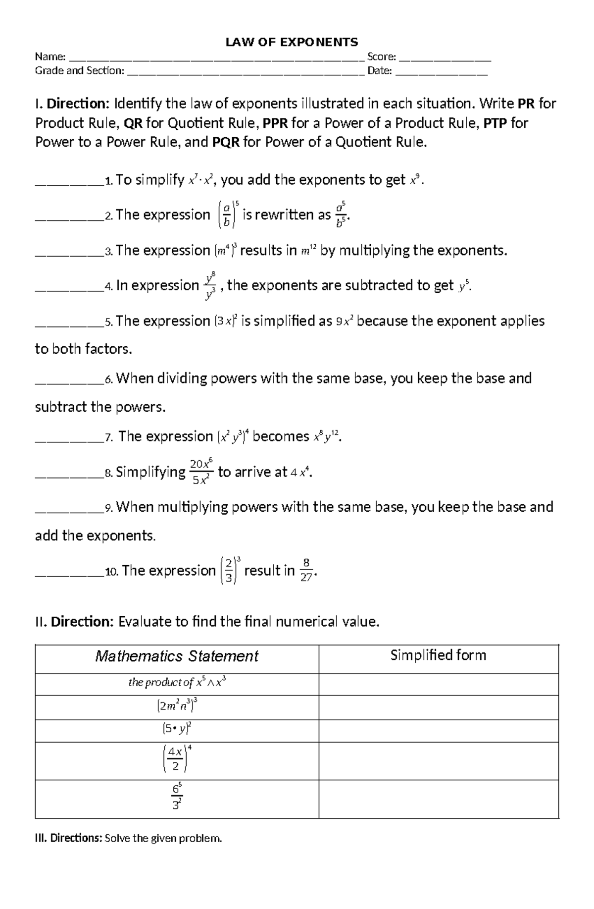 LAW OF EXPONENTS: Combined Summative Test (MATH 101) - Studocu