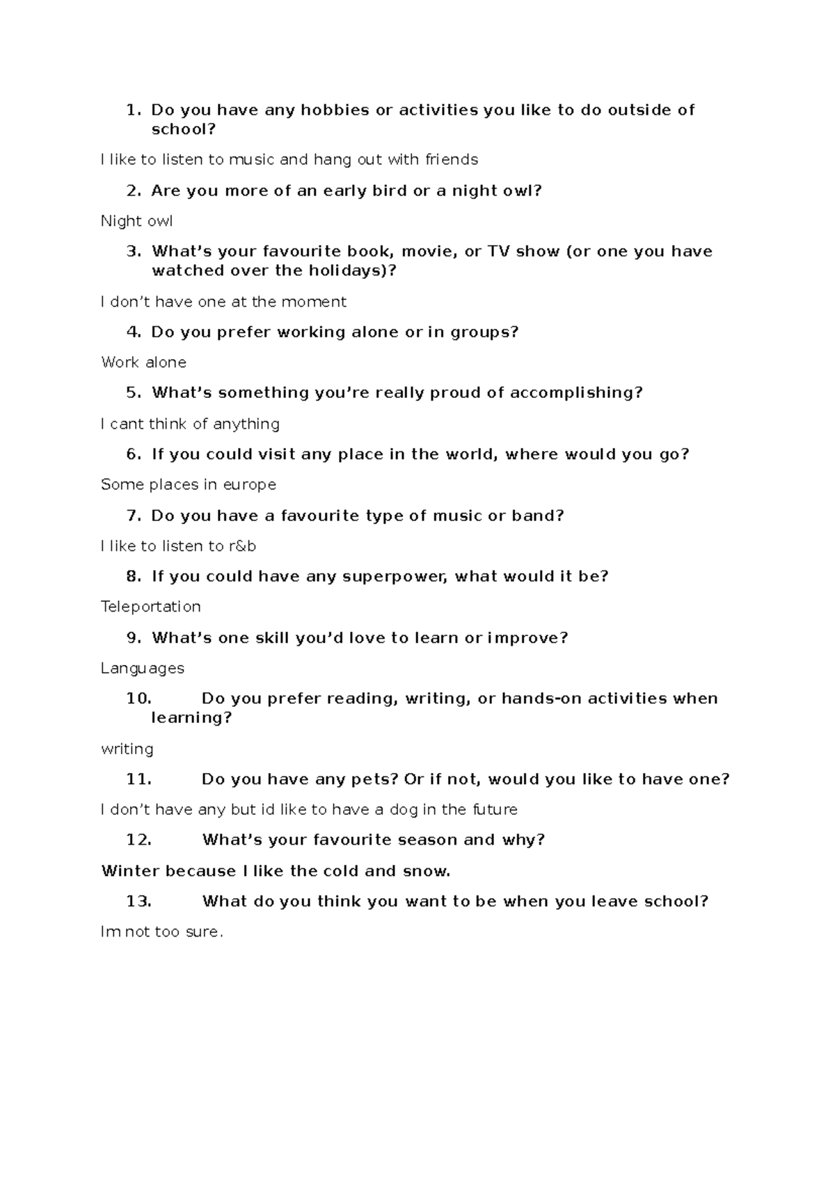GTKY Questions - Personal Reflections and Preferences - Studocu