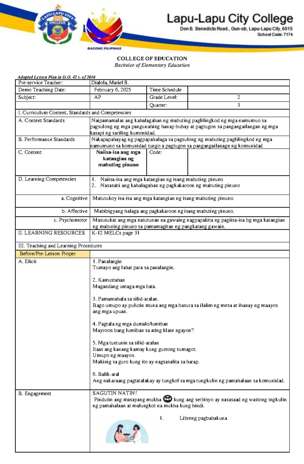 Dialola Mariel Grade 2 AP - COLLEGE OF EDUCATION Bachelor of Elementary ...