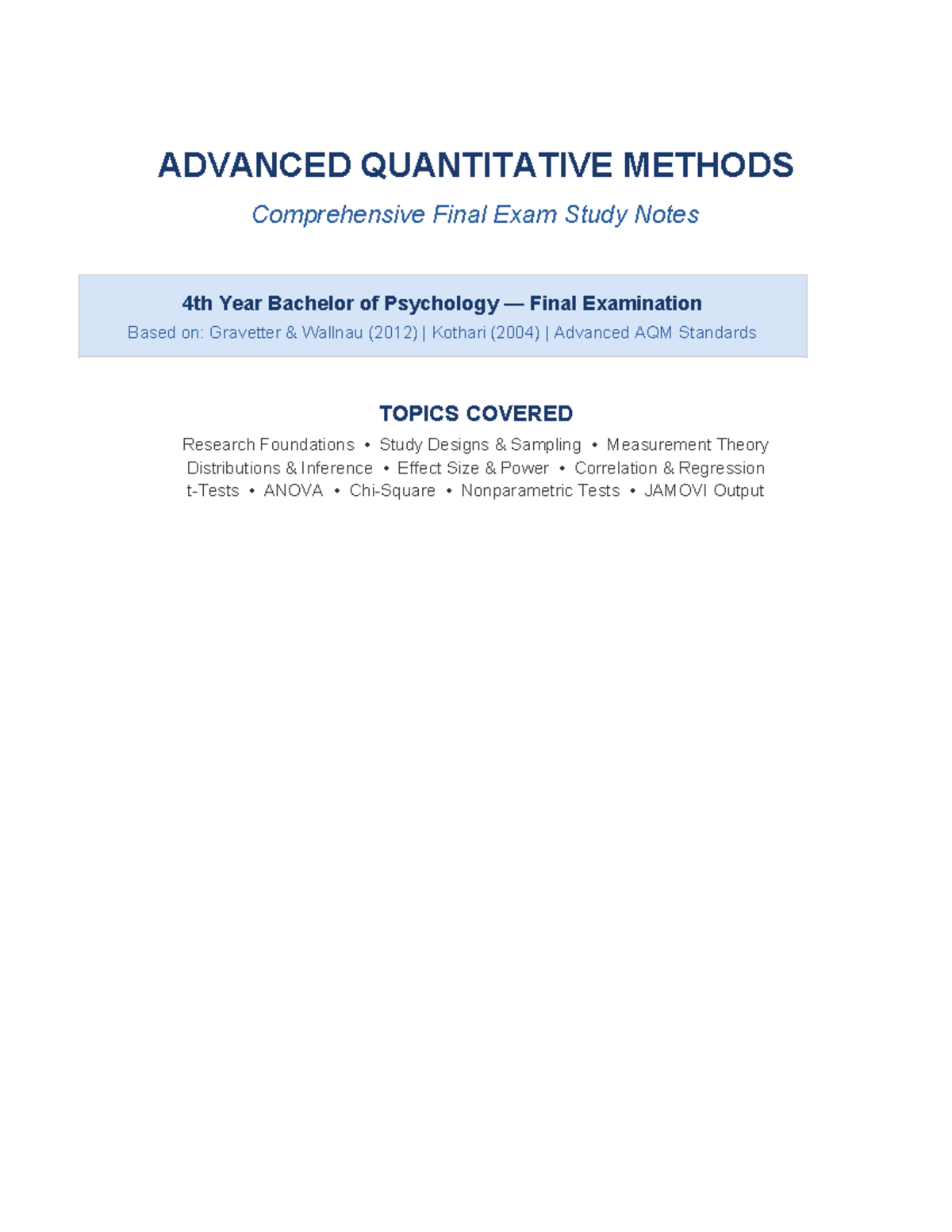 AQM 4th Year Psychology Final Exam Study Notes - Studocu