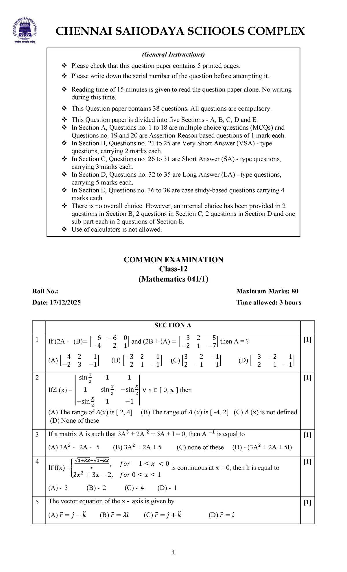 CHENNAI SAHODAYA SCHOOLS COMPLEX - Math Set 1 Question Paper - Studocu