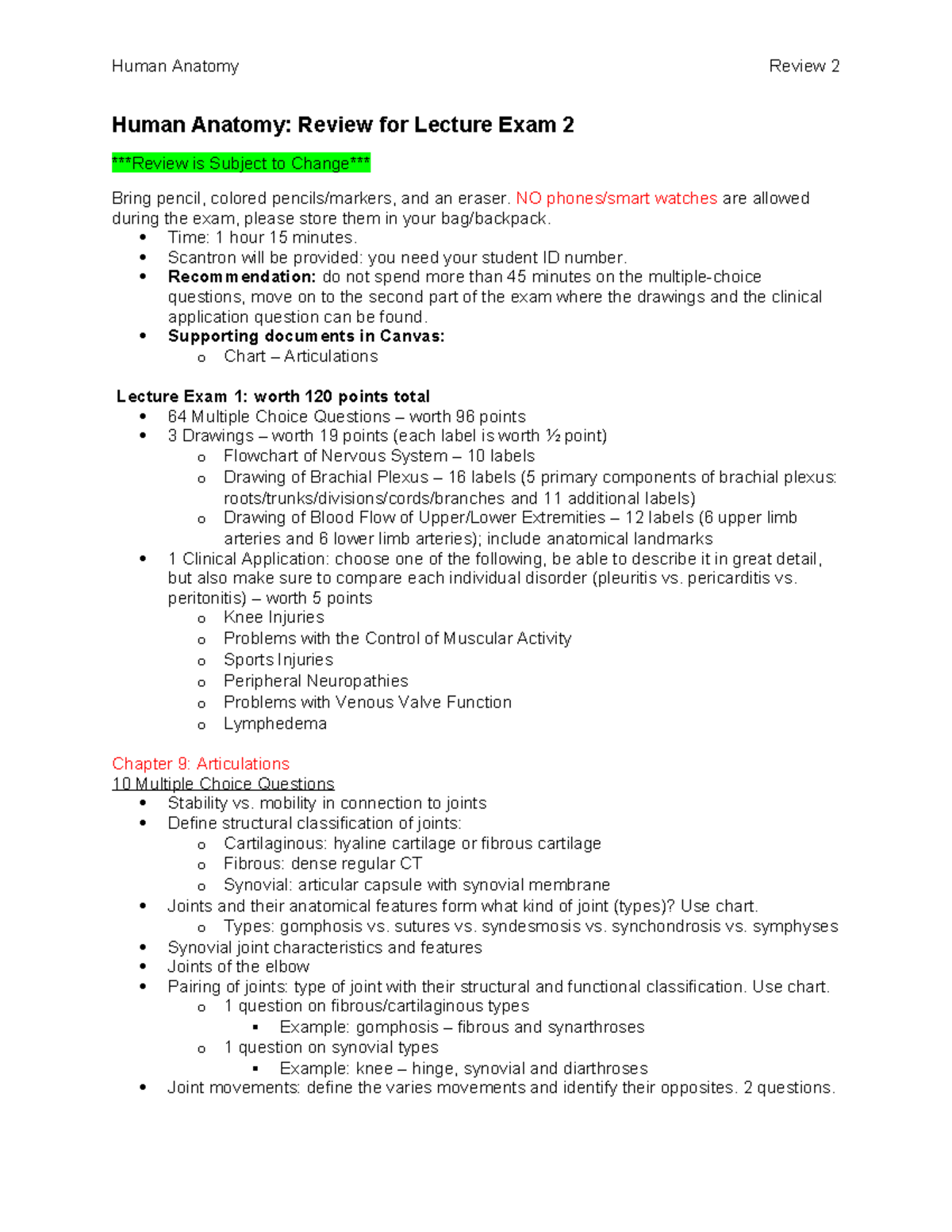 Human Anatomy Lecture Exam 2 Review Notes (Including Chapters 9-24 ...