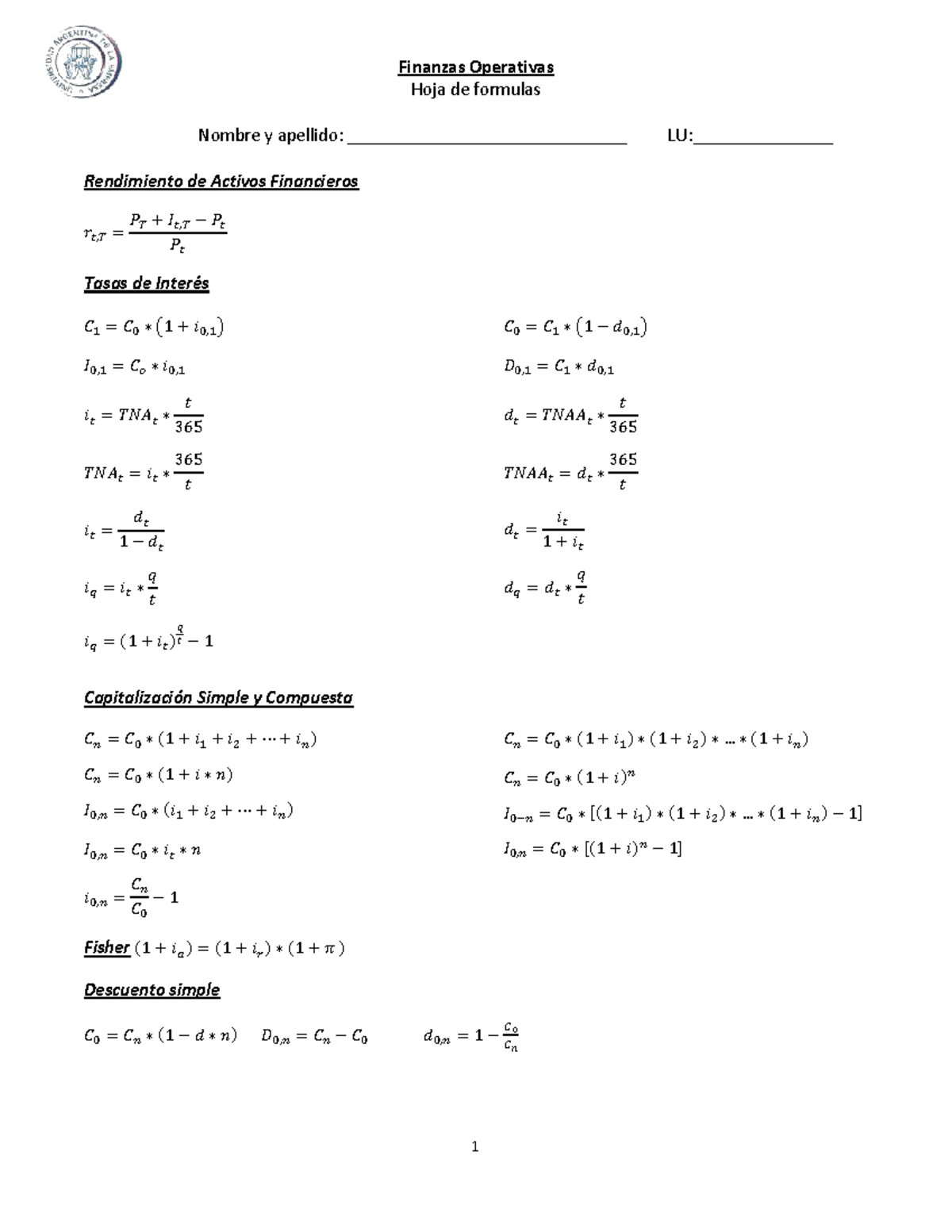 Finanzas Operativas: Hoja de Fórmulas y Cálculos Clave - Studocu