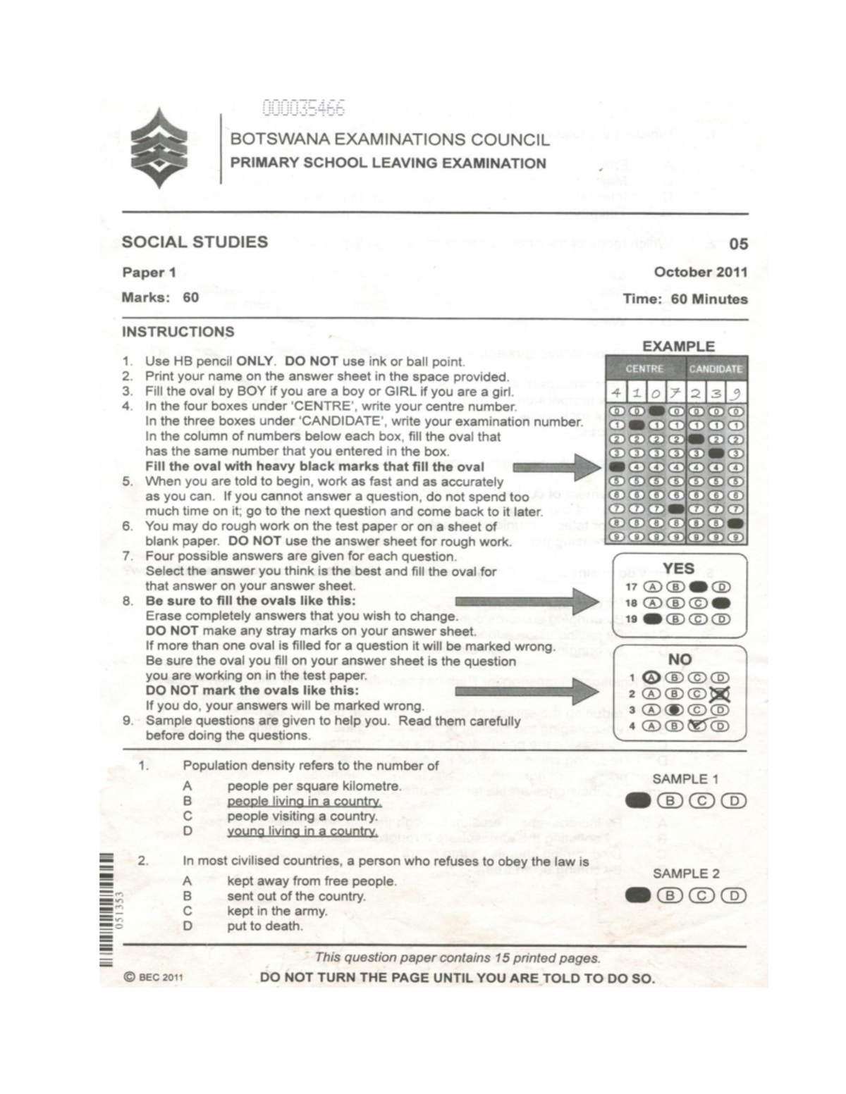 PSLE Social Studies Exam Paper 1 - Botswana 2011 - Studocu