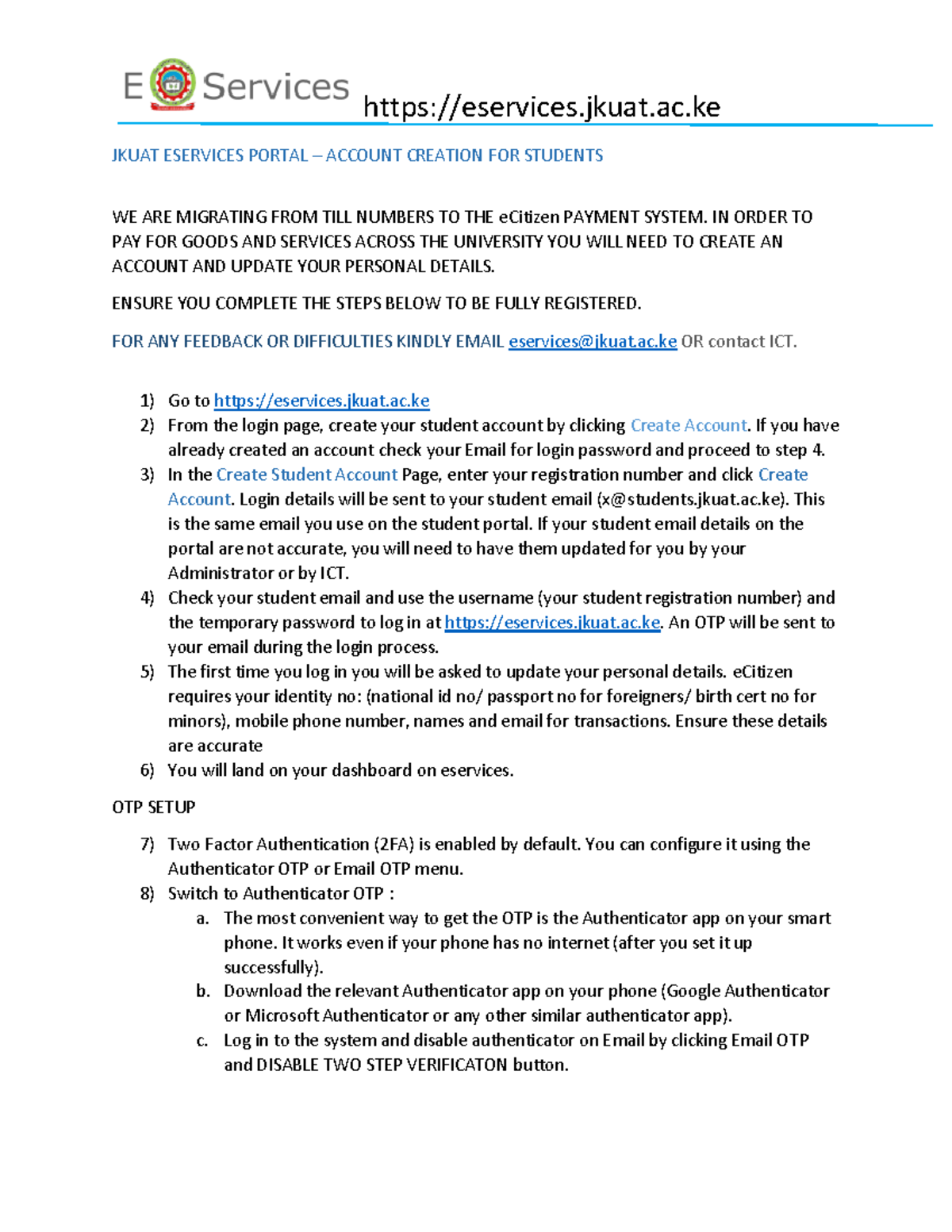 JKUAT Eservices System - Student Account Creation & Payment Guide - Studocu