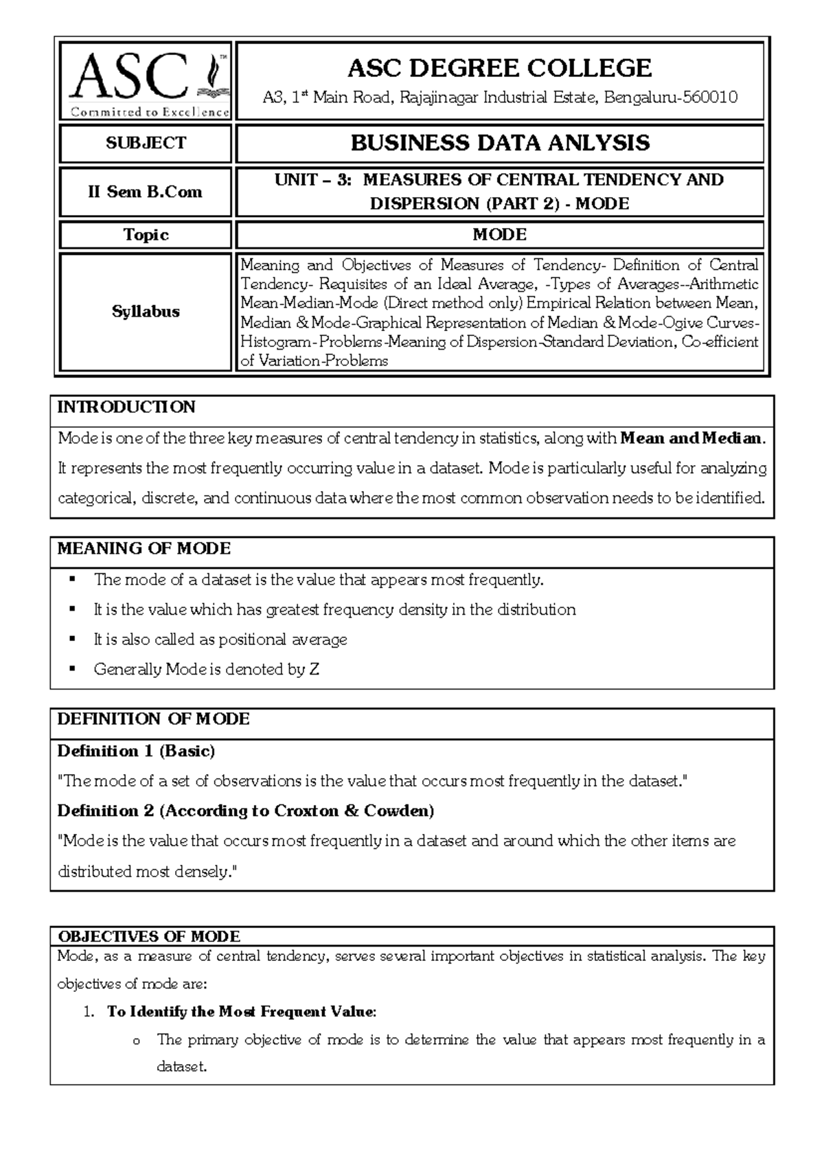 BDA II Sem B.Com: Chapter 3 Notes on Measures of Central Tendency (Part ...