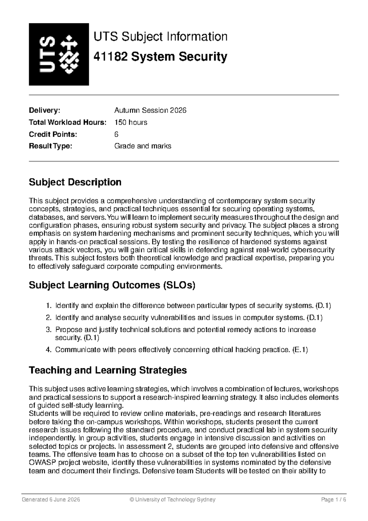UTS 41182 System Security: Autumn 2026 Subject Overview and Details ...