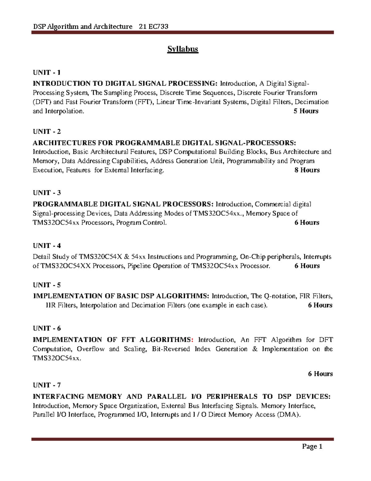 Dsp Architecture And Algorithm 21ec733 Syllabus Unit 1 Introduction 8237