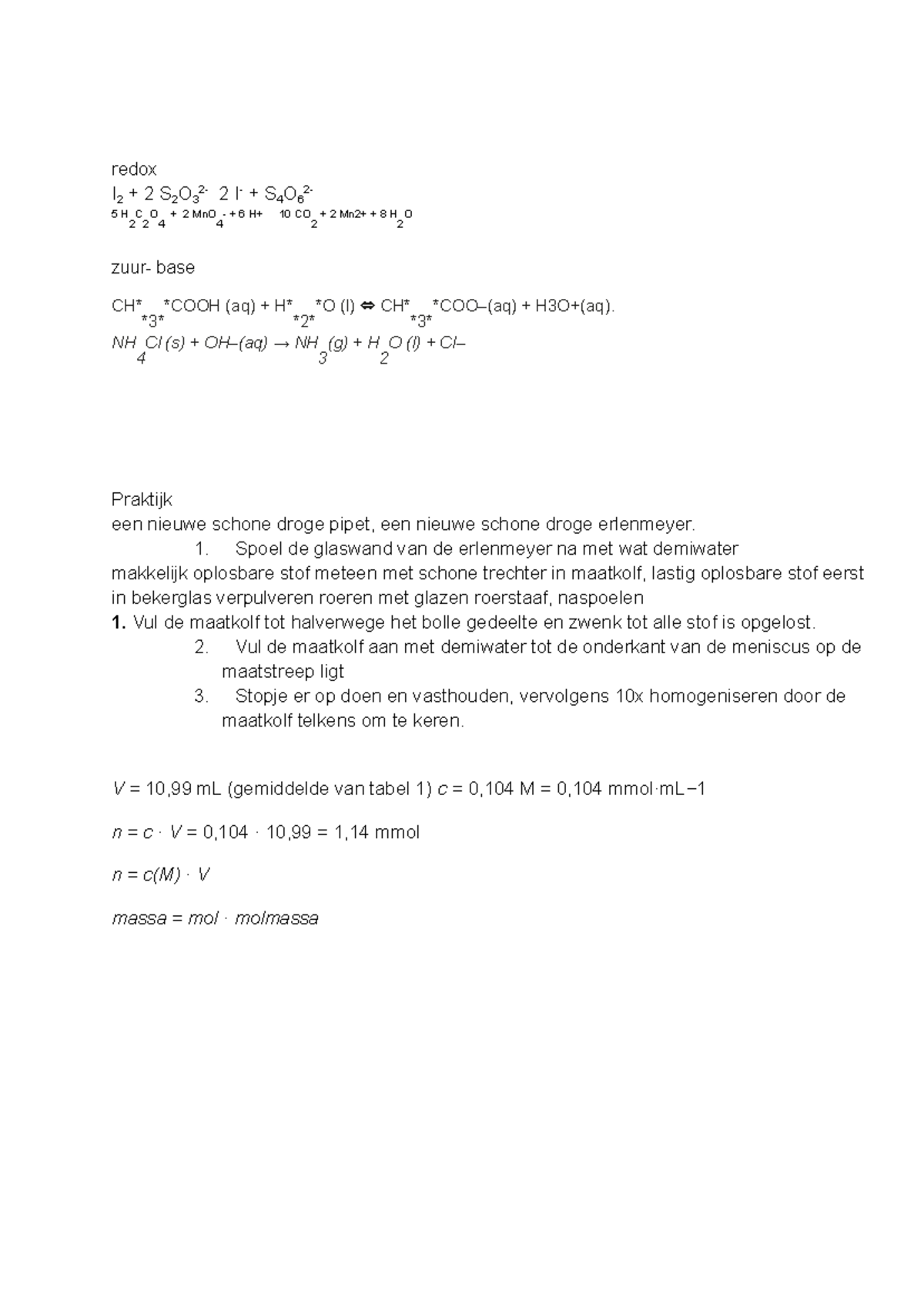 Chemie formules en zuur-base reacties voor CEM101 Praktijkrapport ...