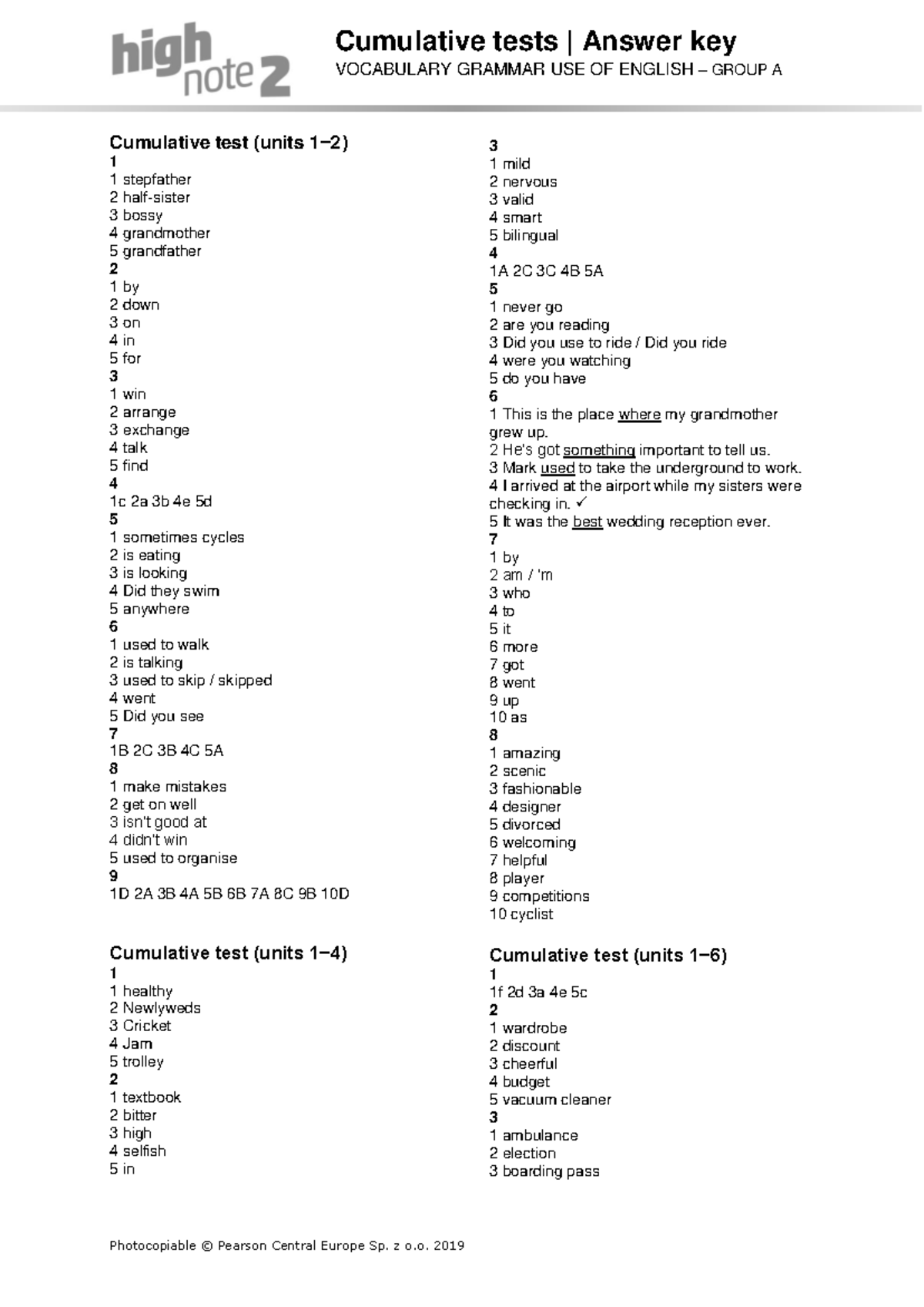High Note 2 AK Cumulative Tests A - Answer Key - Studocu