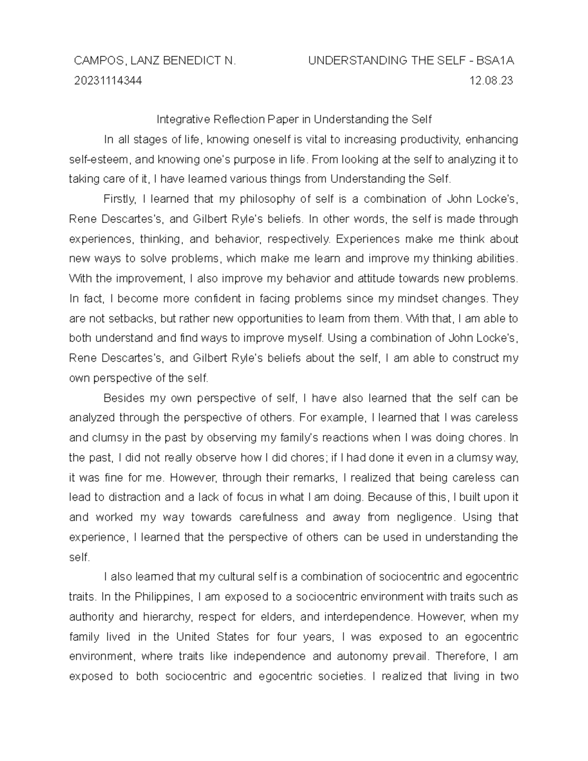 Final Reflection Paper: Understanding the Self (UTS - BSA1A) - Studocu