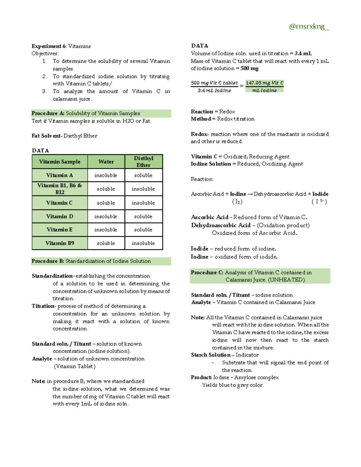 Experiment 6: Lab Report on Vitamin Solubility & Analysis - Studocu