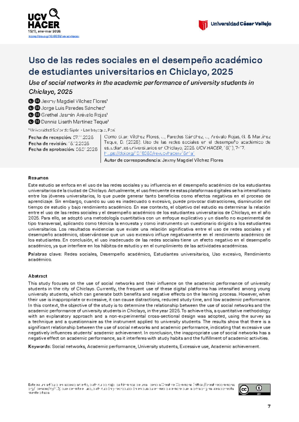 Art 2026-UCV Uso de Redes Sociales y Desempeño Académico en Chiclayo ...