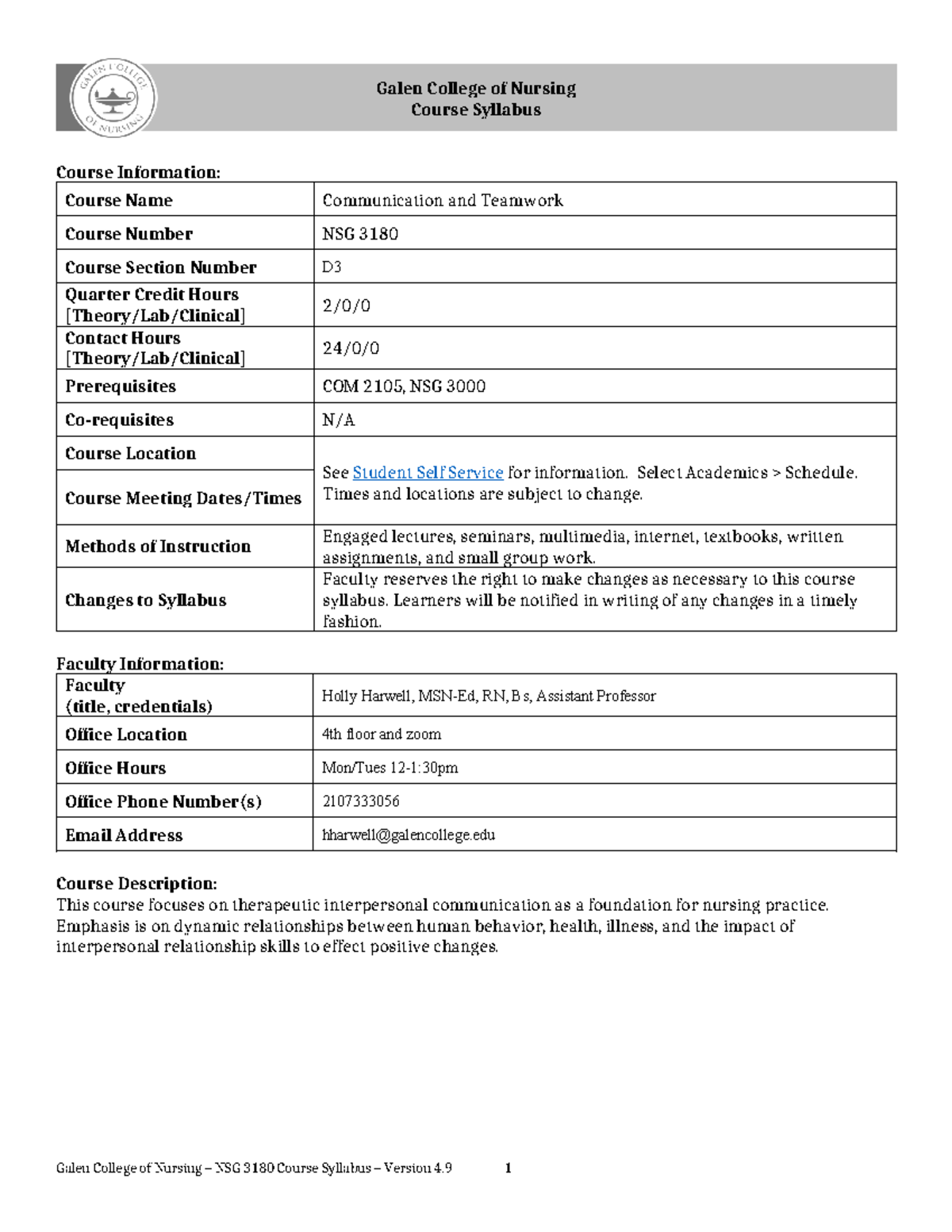 NSG 3180 Communication and Teamwork Course Syllabus - Version 4.9 - Studocu