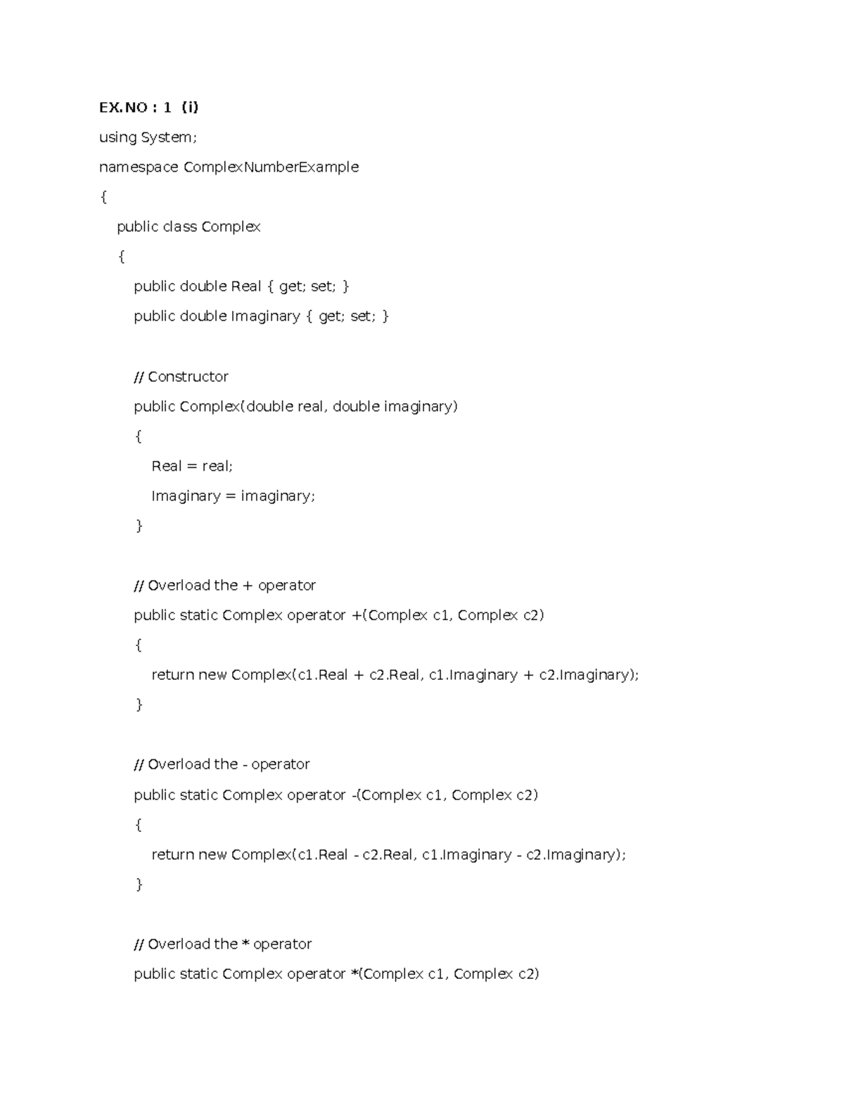 DOT.NET LAB - LAB MANUAL: Complex Numbers and Matrices Operations - Studocu