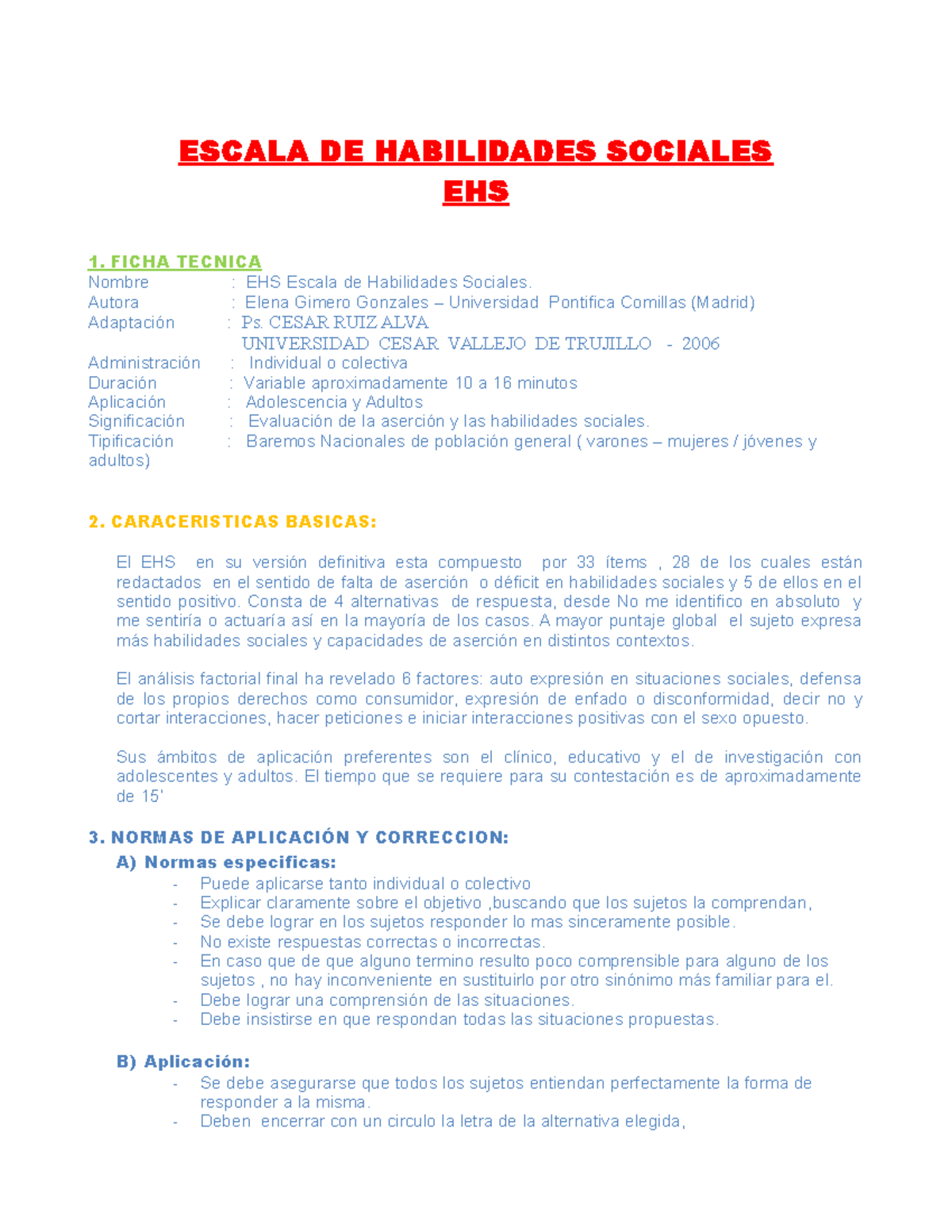 Escala DE Habilidades Sociales Elena Gismero - ESCALA DE HABILIDADES SOCIALES EHS 1. FICHA ...