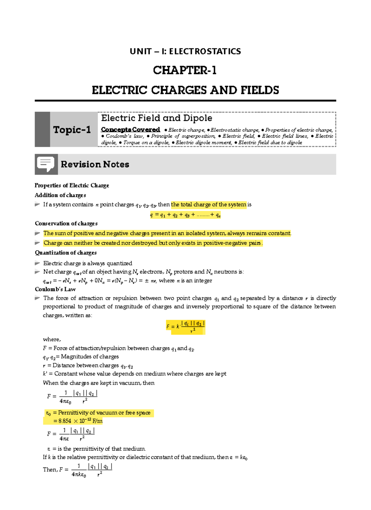 Phy Rev - notes - UNIT – I: ELECTROSTATICS CHAPTER- ELECTRIC CHARGES ...