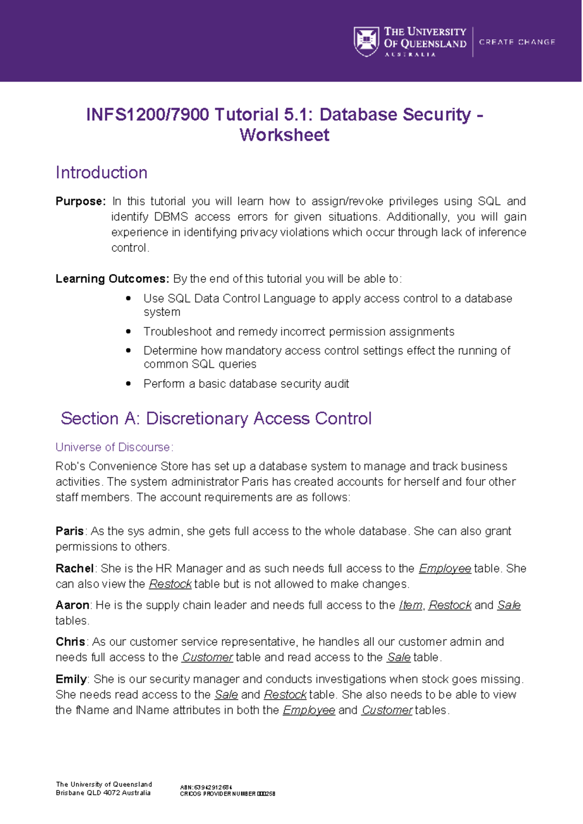 Applied Class 11: Database Security Tutorial 5.1 Worksheet - Studocu
