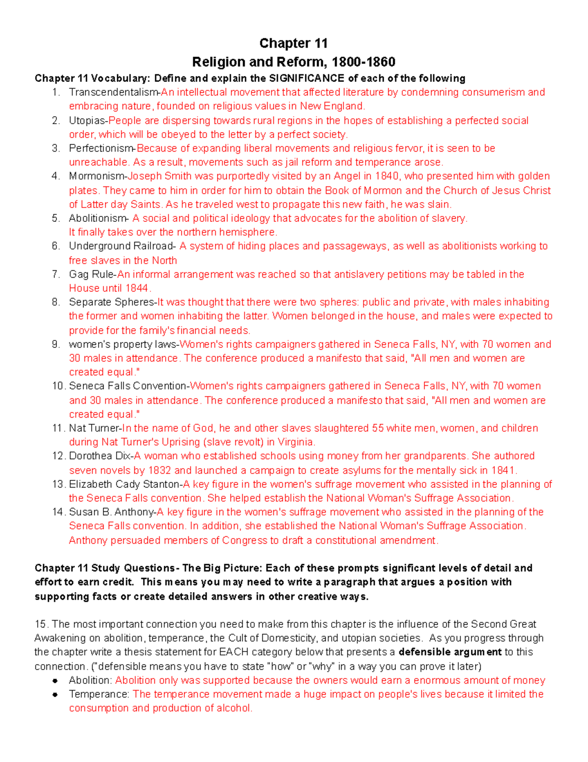 Henretta Ch. 11: Religion and Reform, 1800-2020 Vocabulary & Study ...