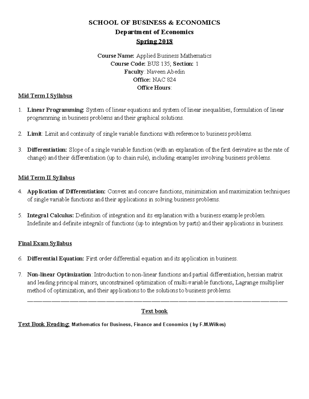 BUS 135 Applied Business Mathematics Course Outline - Spring 2018 - Studocu