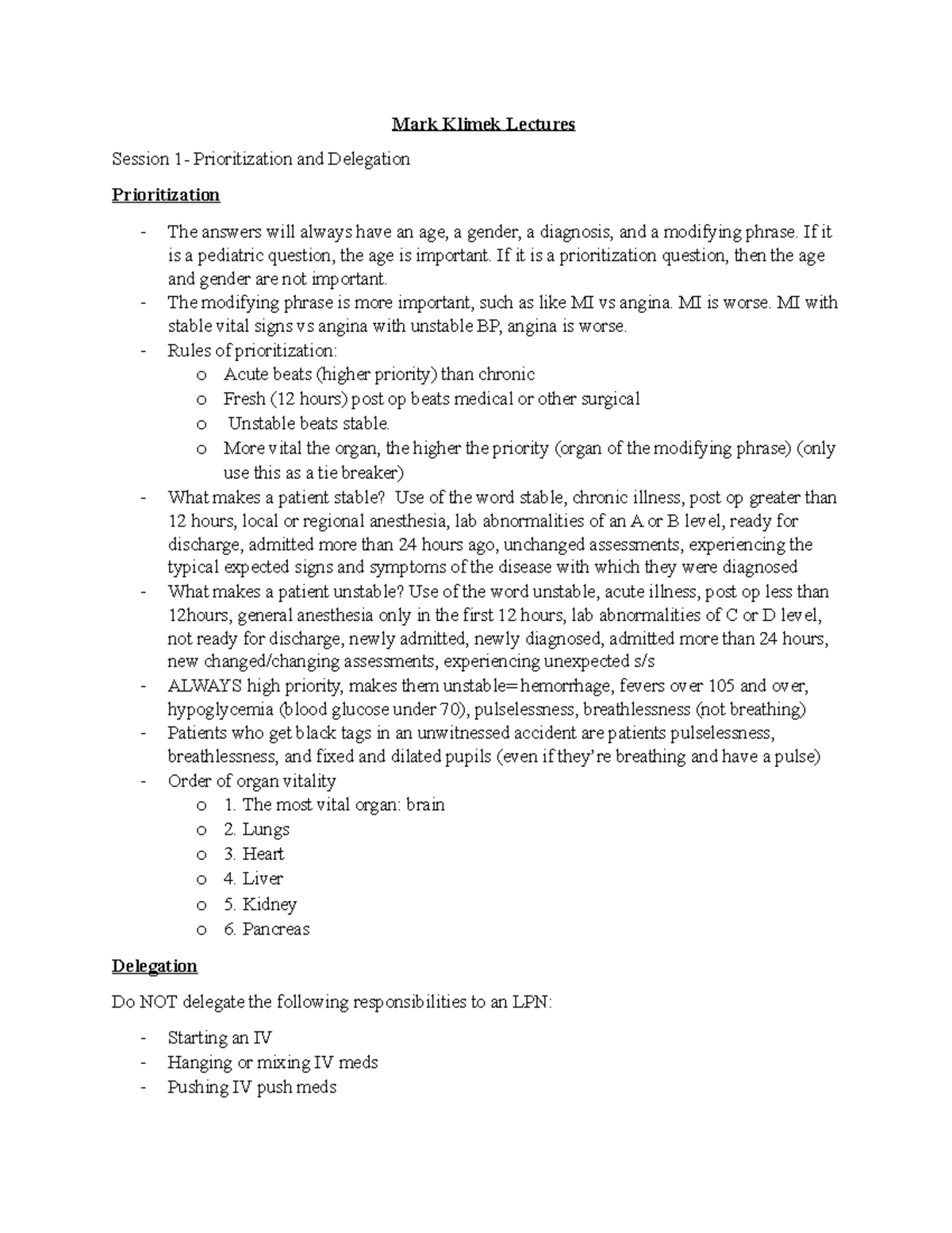 Mark Klimek Lectures - Session 1: Prioritization & Delegation Notes ...
