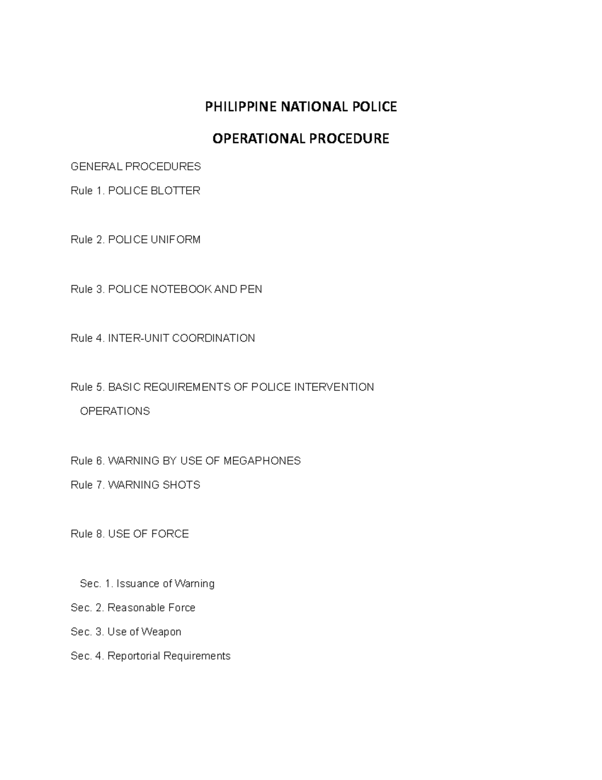 PNP Operational Procedures: Comprehensive Guidelines and Rules - Studocu