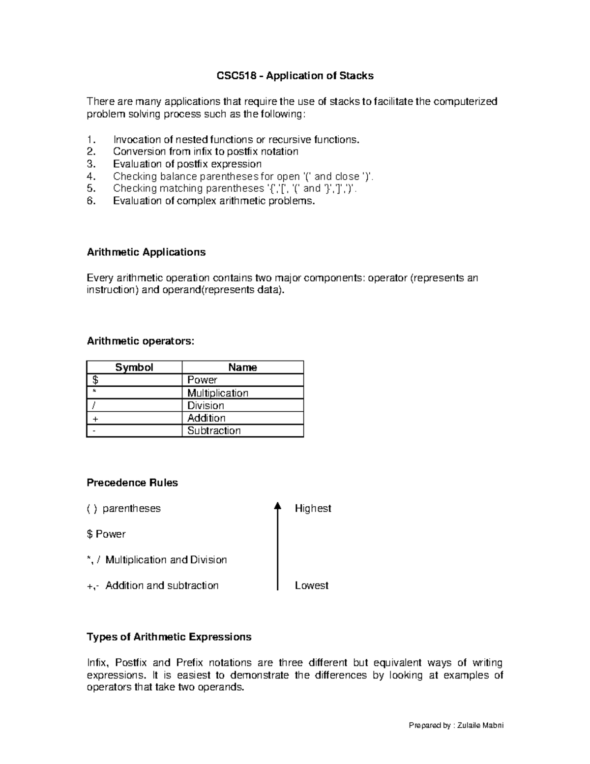 CSC518 Applications of Stacks: Infix, Postfix, and Prefix Notation ...