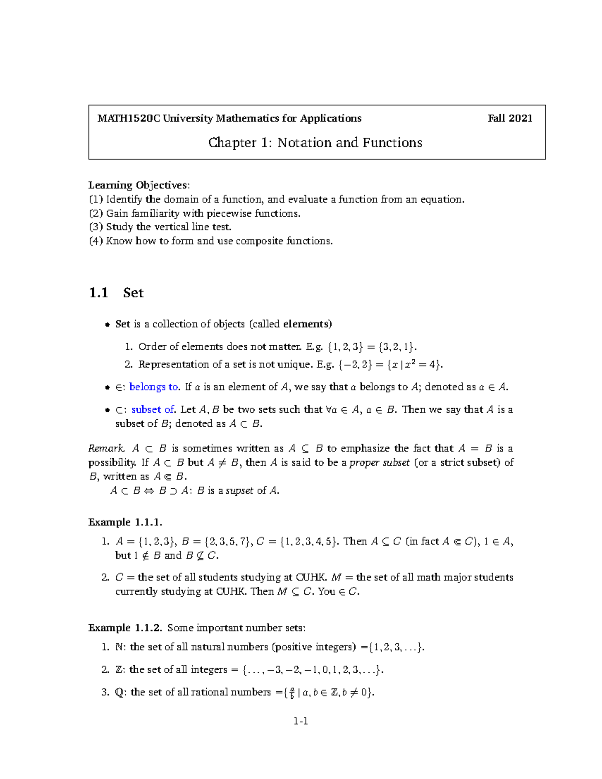 MATH1520C: Chapter 1 - Notation and Functions in University Mathematics ...