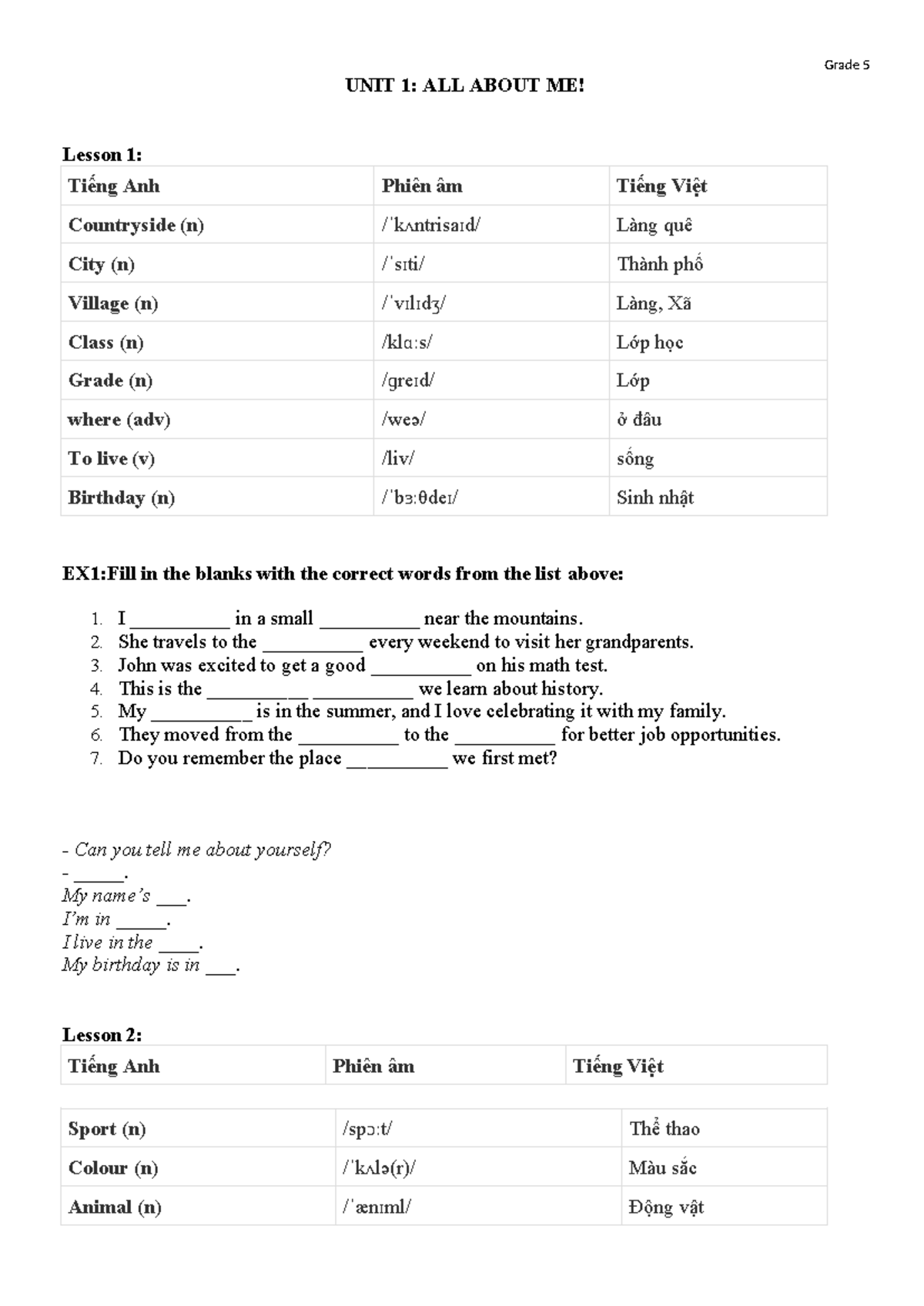 UNIT 1 - All About Me! Vocabulary & Exercises - Studocu