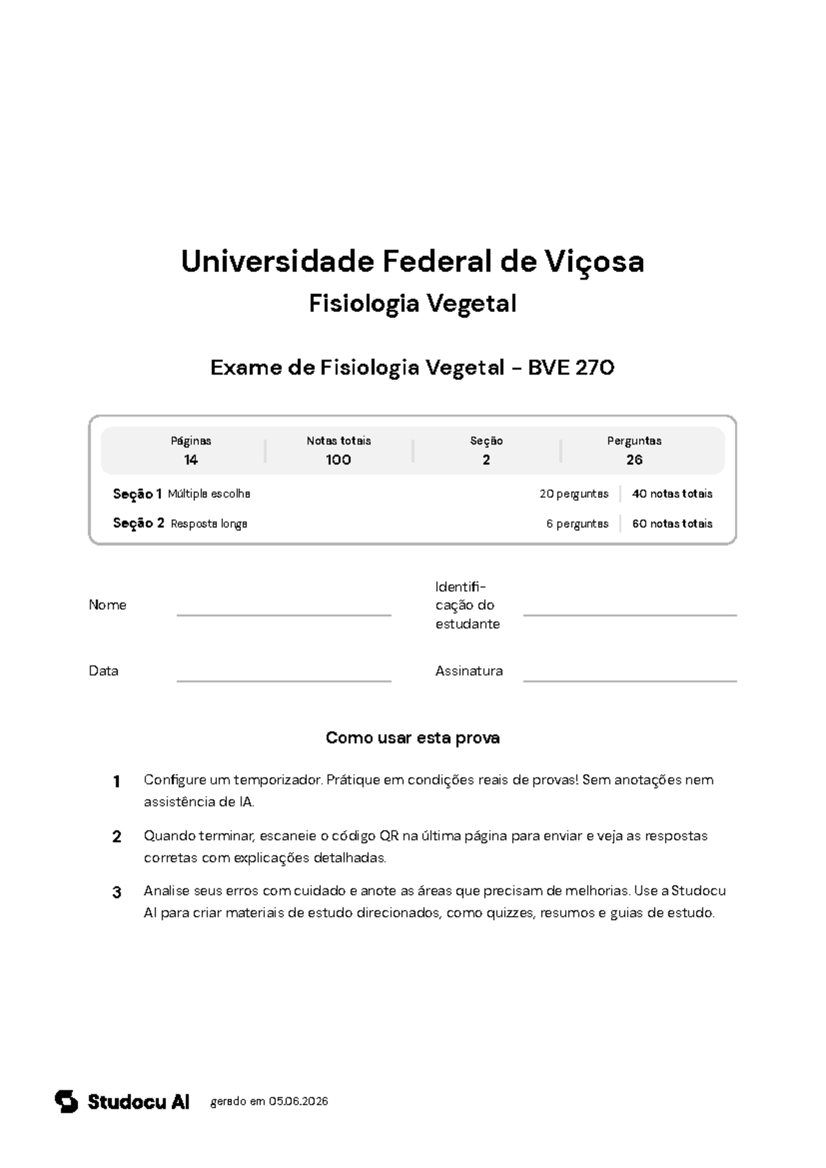 Exame de Fisiologia Vegetal - BVE 270 - Studocu