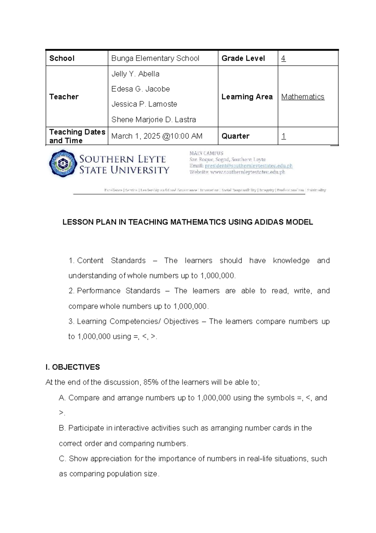 Grade 4 Math Lesson Plan: Comparing Whole Numbers (Q1) - Studocu