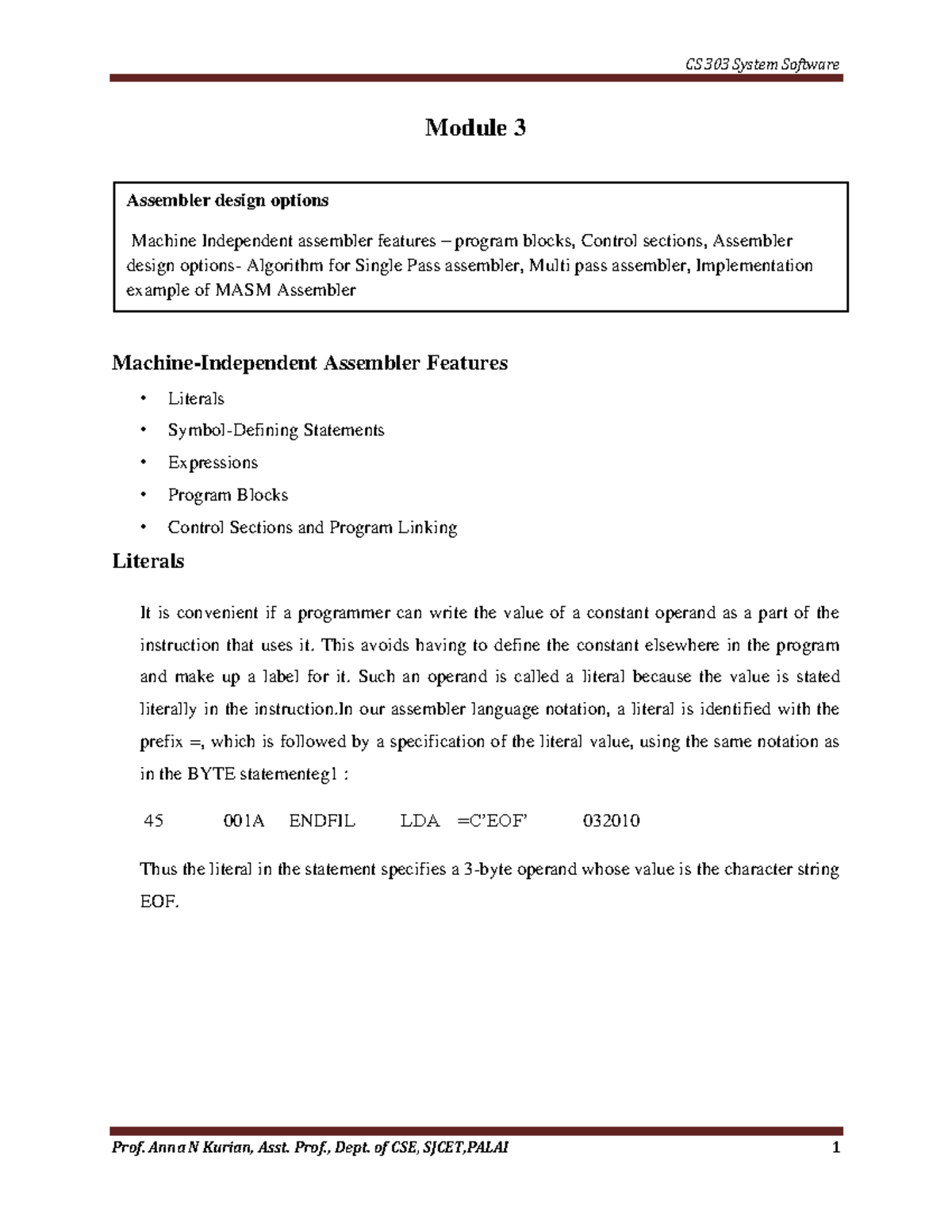 System software Module 3 Notes - Module 3 Machine-Independent Assembler ...