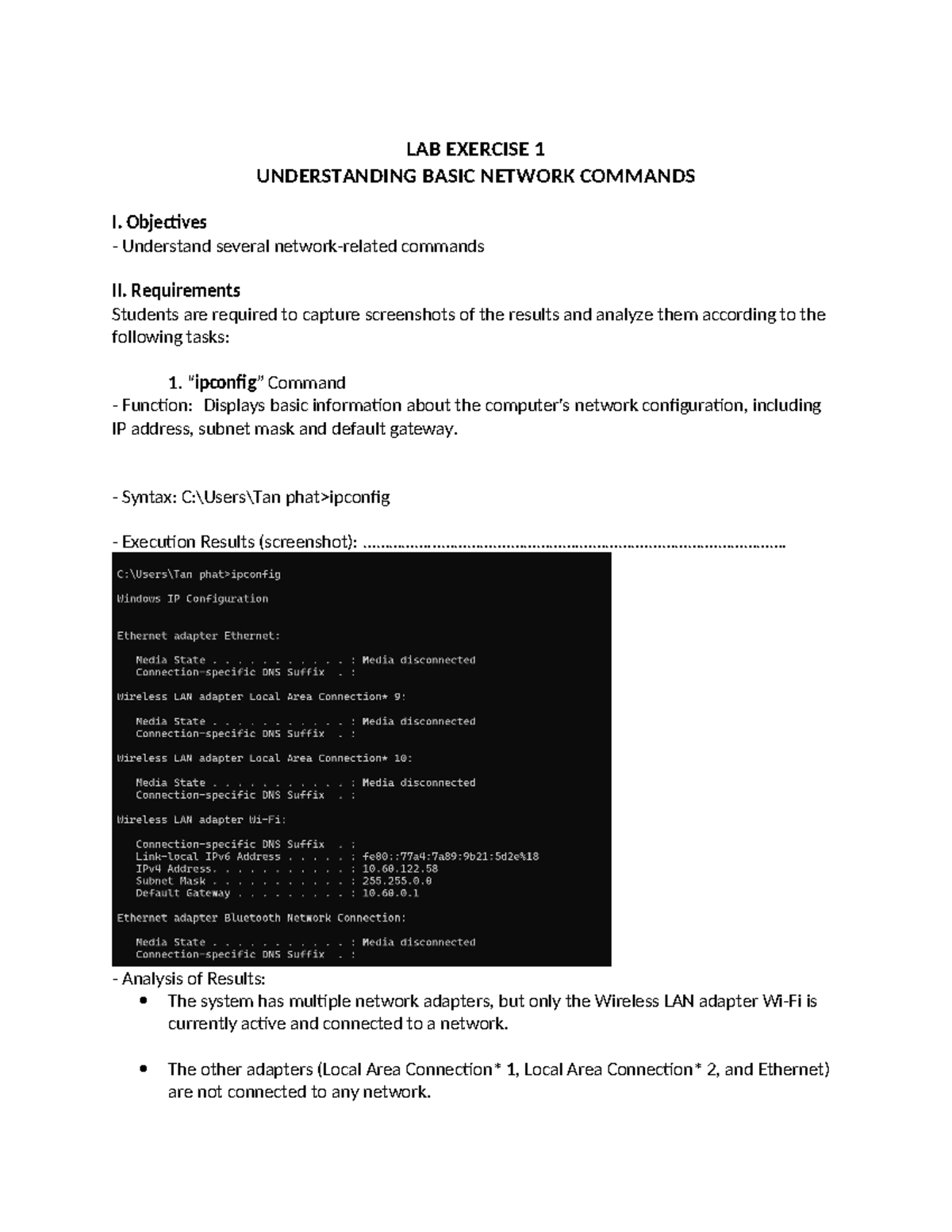 LAB Exercise 1 - bài tập - LAB EXERCISE 1 UNDERSTANDING BASIC NETWORK COMMANDS I. Objectives ...