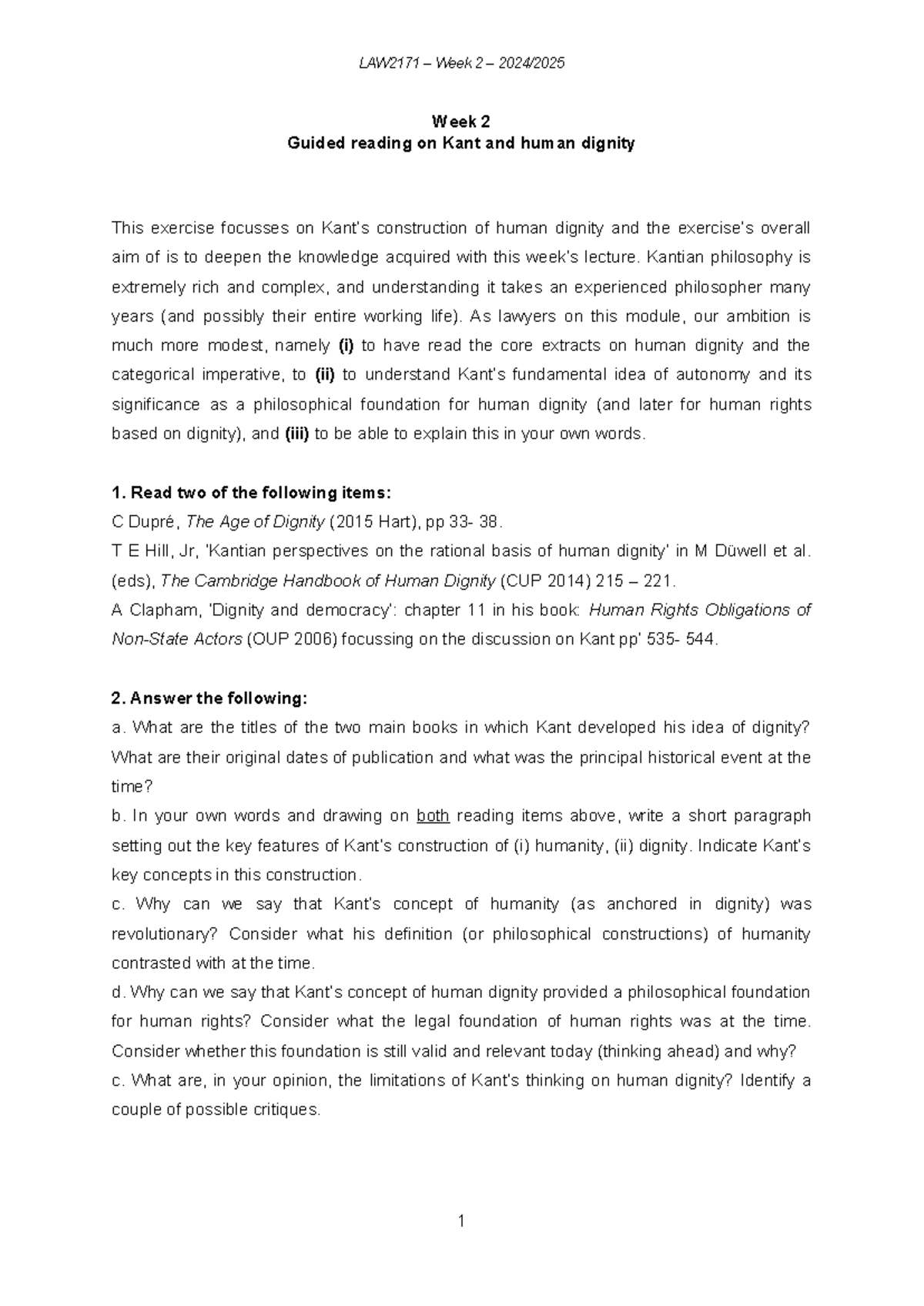 W.2 -guided reading on Kant (2025) - LAW2171 – Week 2 – 2024/ Week 2 ...