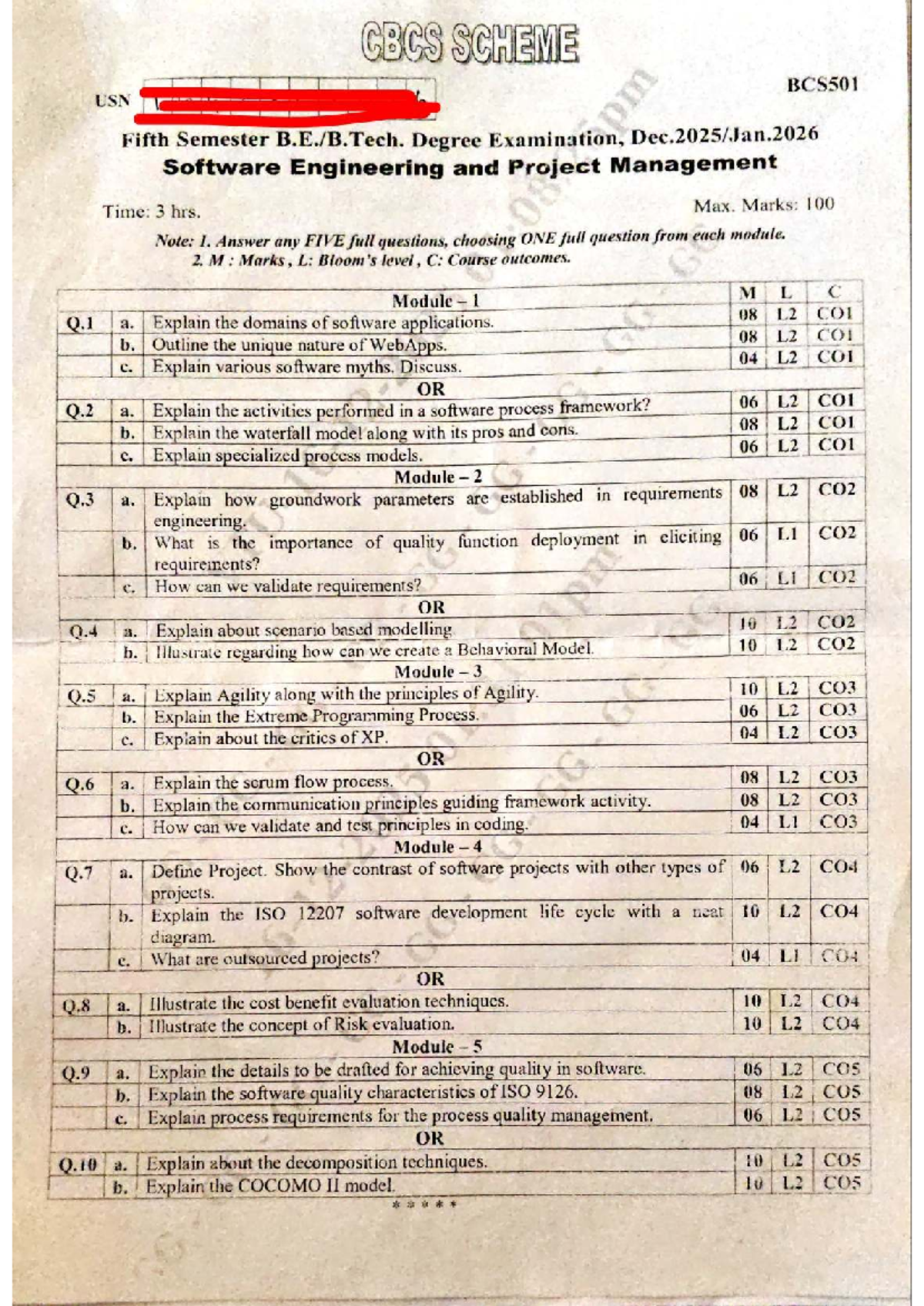 BCS501 - Software Engineering & Project Management Exam Paper - Studocu