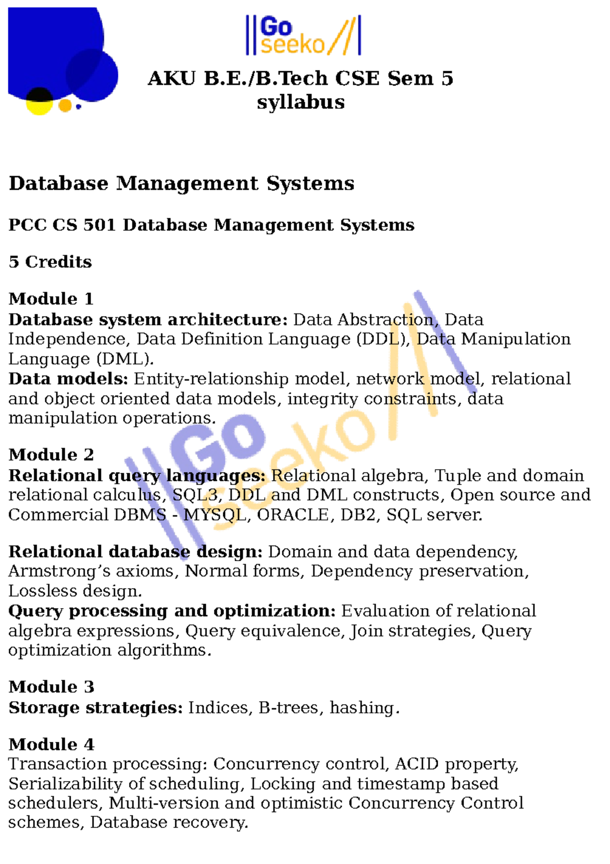 CSE Sem 5 syllabus - AKU B.E./B CSE Sem 5 syllabus Database Management Systems PCC CS 501 ...