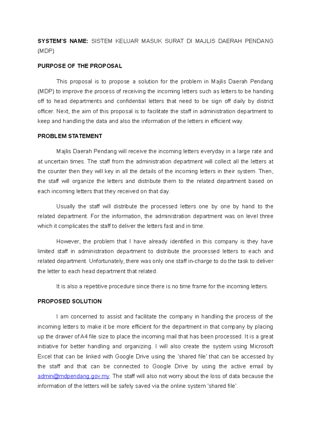 Proposal for Improving Incoming Letter System at MDP - Studocu