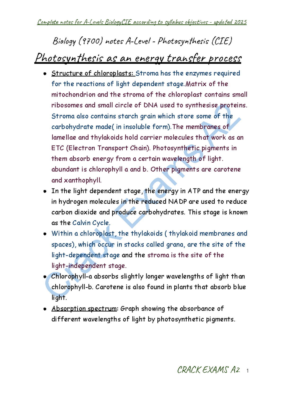 Biology (9700) A-Level Notes: Photosynthesis Overview (CIE) - Studocu