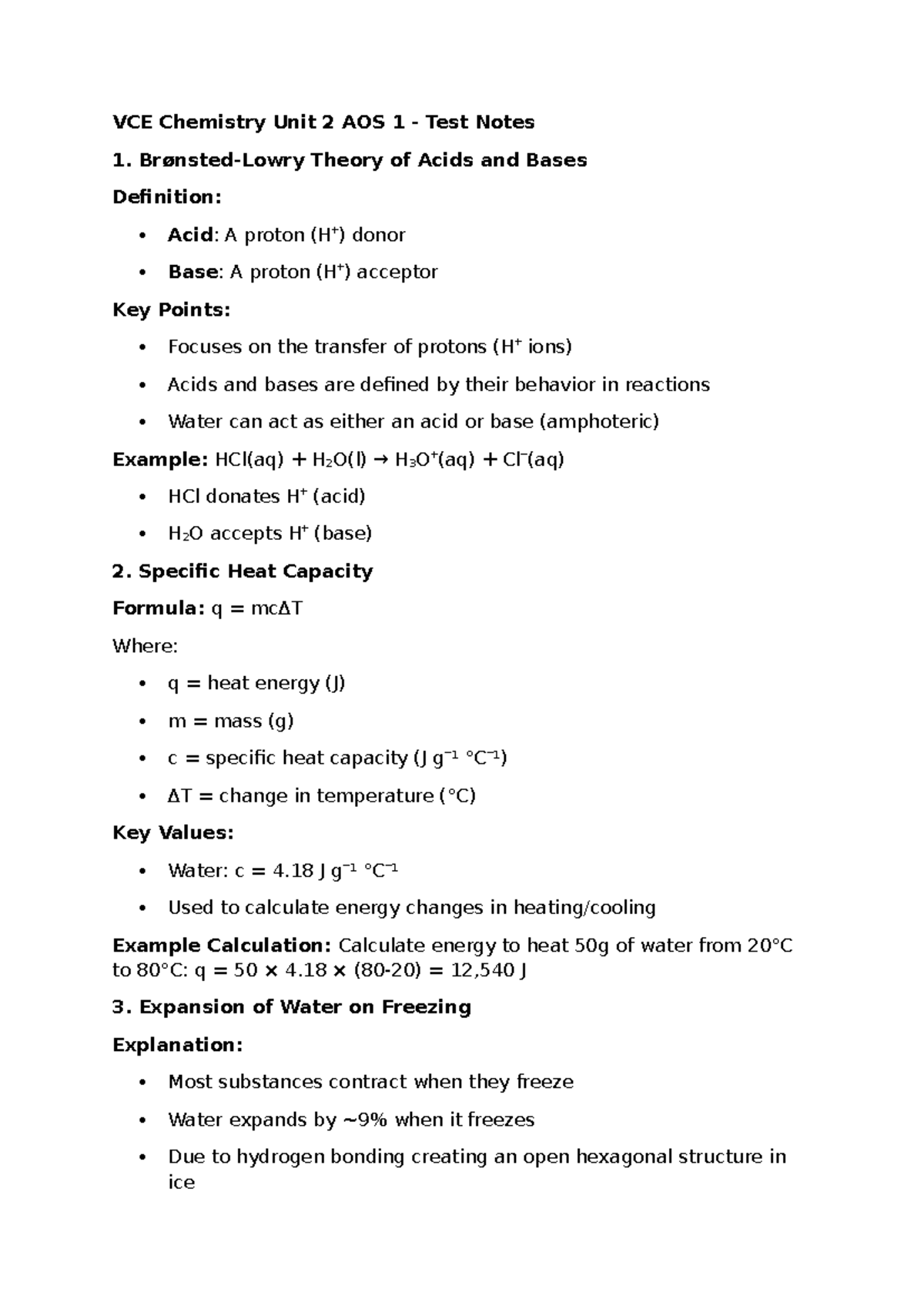 VCE Chemistry Unit 2 AOS 1 Acids and Bases Test Notes - Studocu