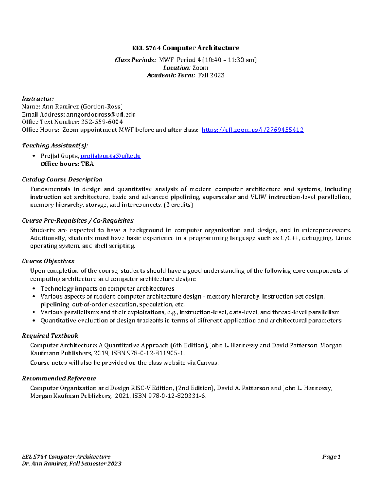 EEL5764Syllabus Fall 2023 - EEL 5764 Computer Architecture Page 1 EEL ...
