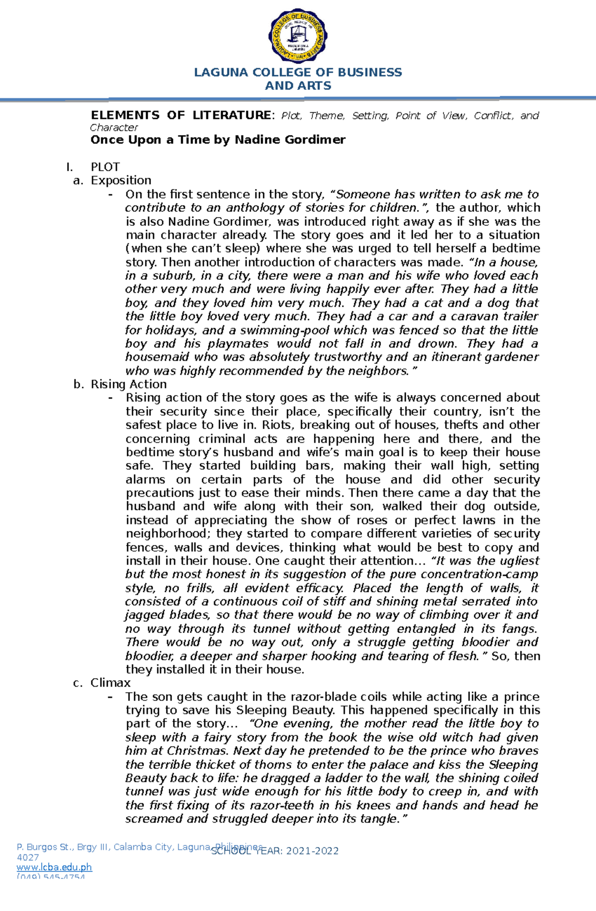 Analysis of "Once Upon a Time" by Nadine Gordimer - BSEd 2021 - Studocu