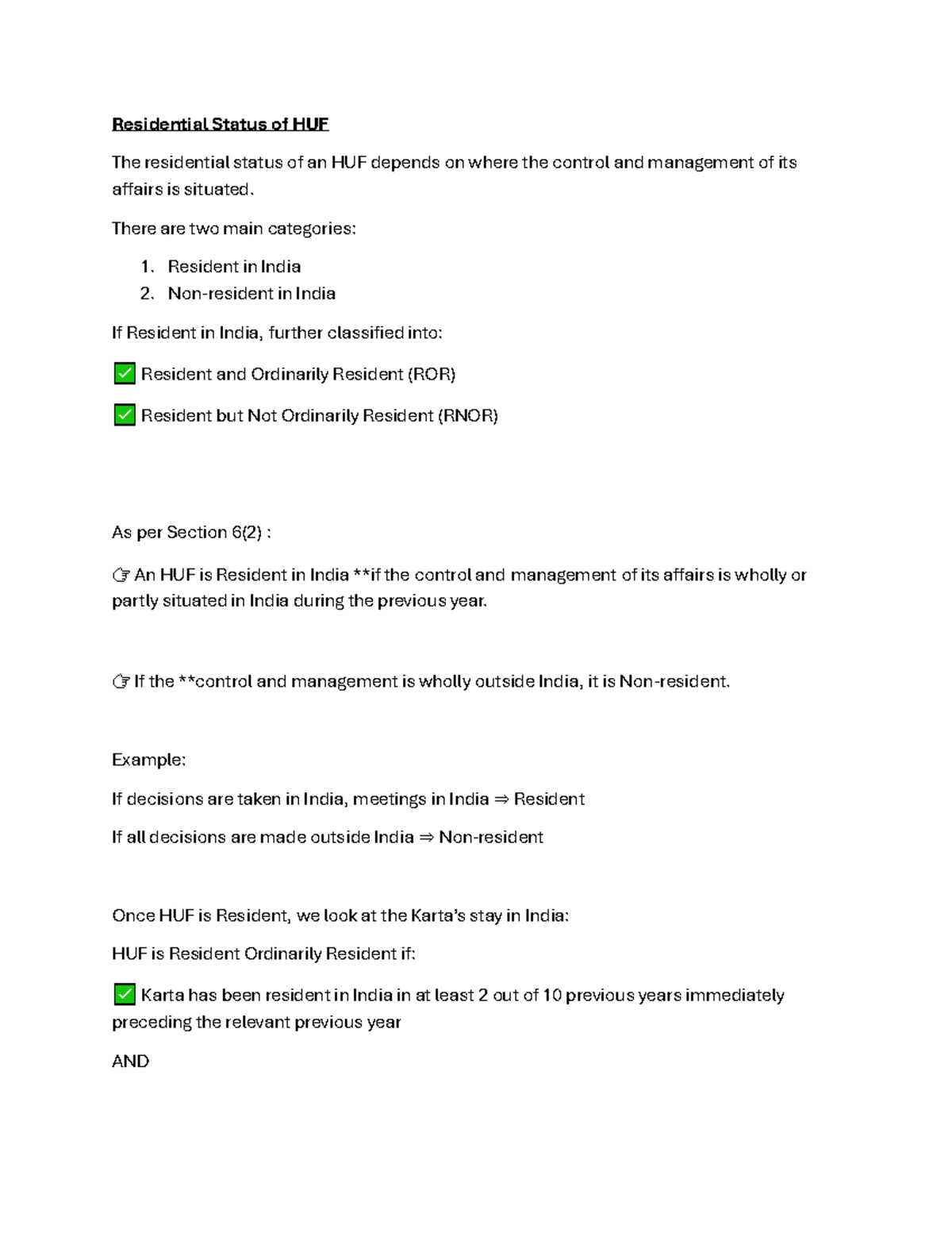 Residential Status of HUF: Understanding ROR and RNOR - Studocu