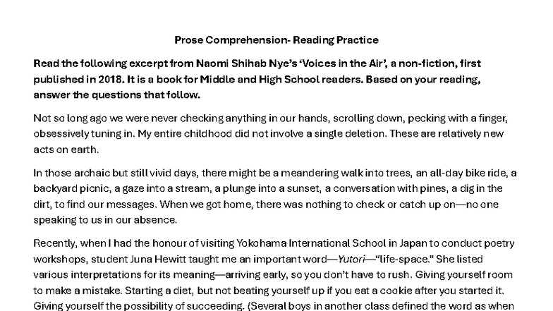 Prose Comprehension: Reading Practice on Naomi Shihab's Excerpt - Studocu