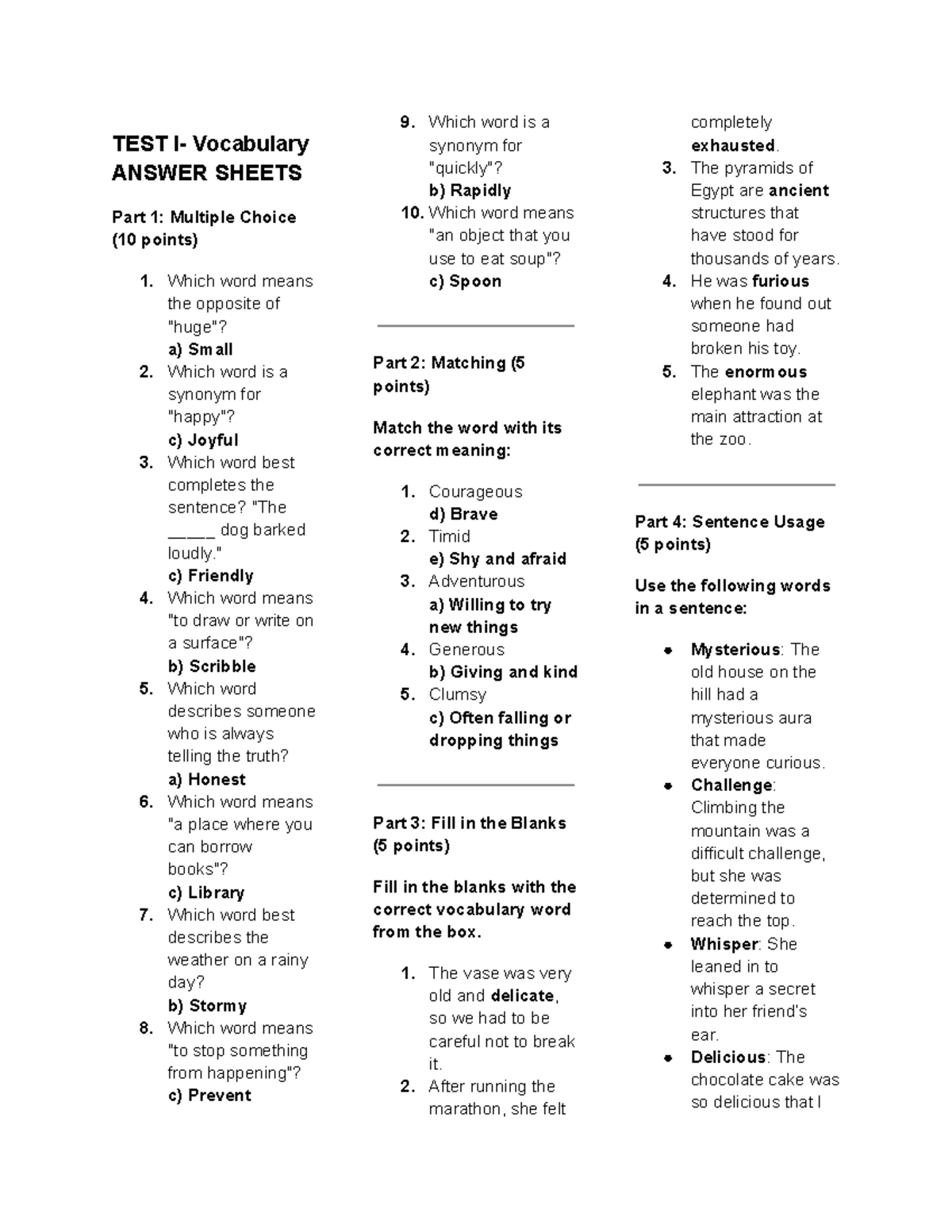 TEST I - Vocabulary Answer Key and Reference Guide - Studocu