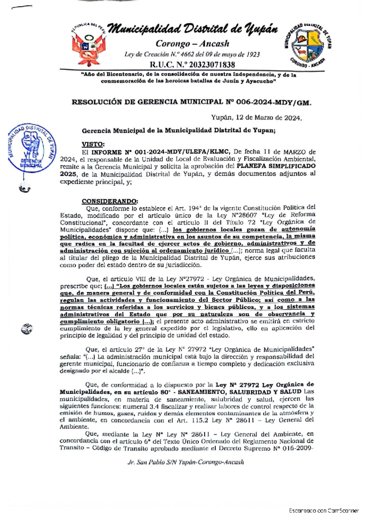 Resolución de Gerencia Municipal 2024 - Municipalidad Distrital de ...