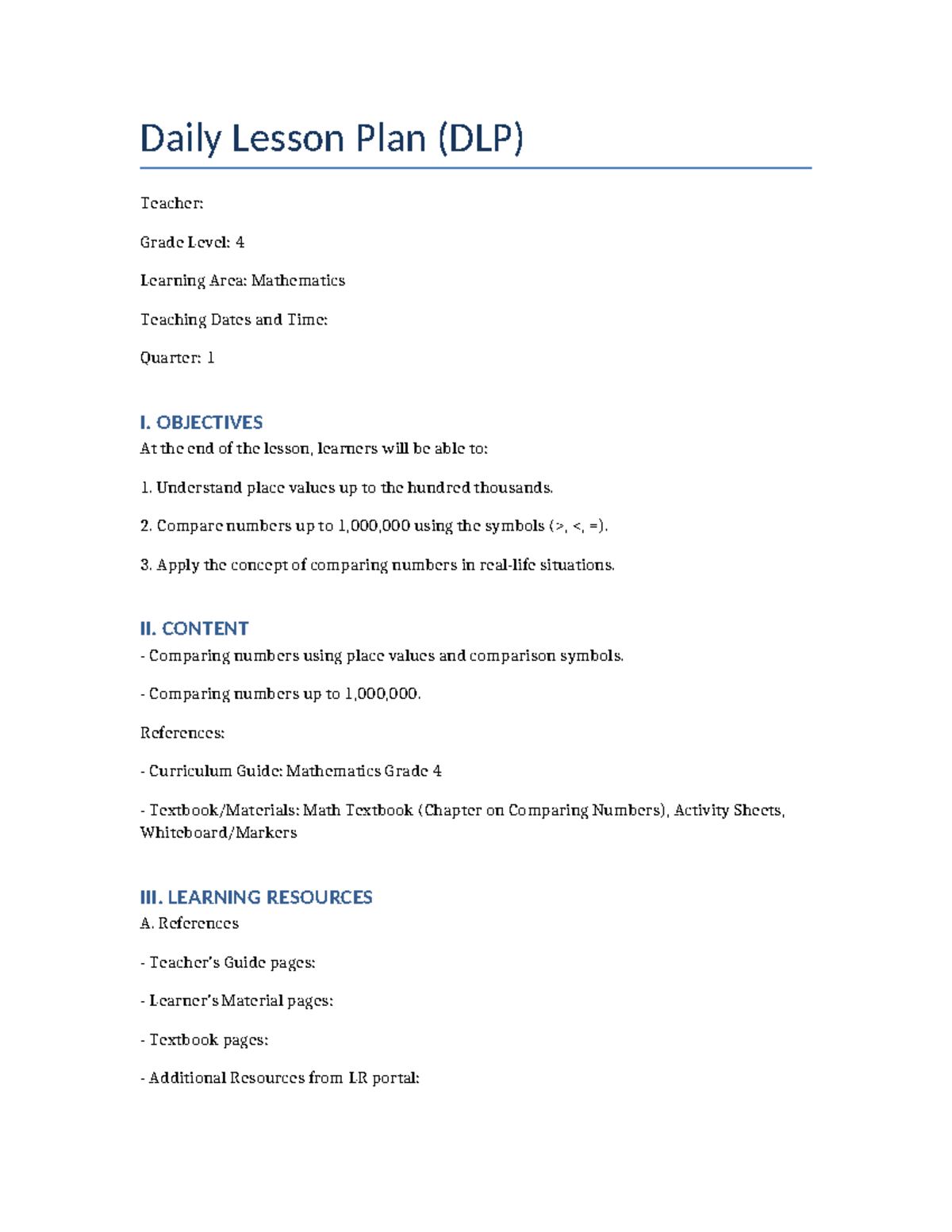 Grade 4 Math Lesson Plan: Comparing Numbers Up to 1,000,000 - Studocu