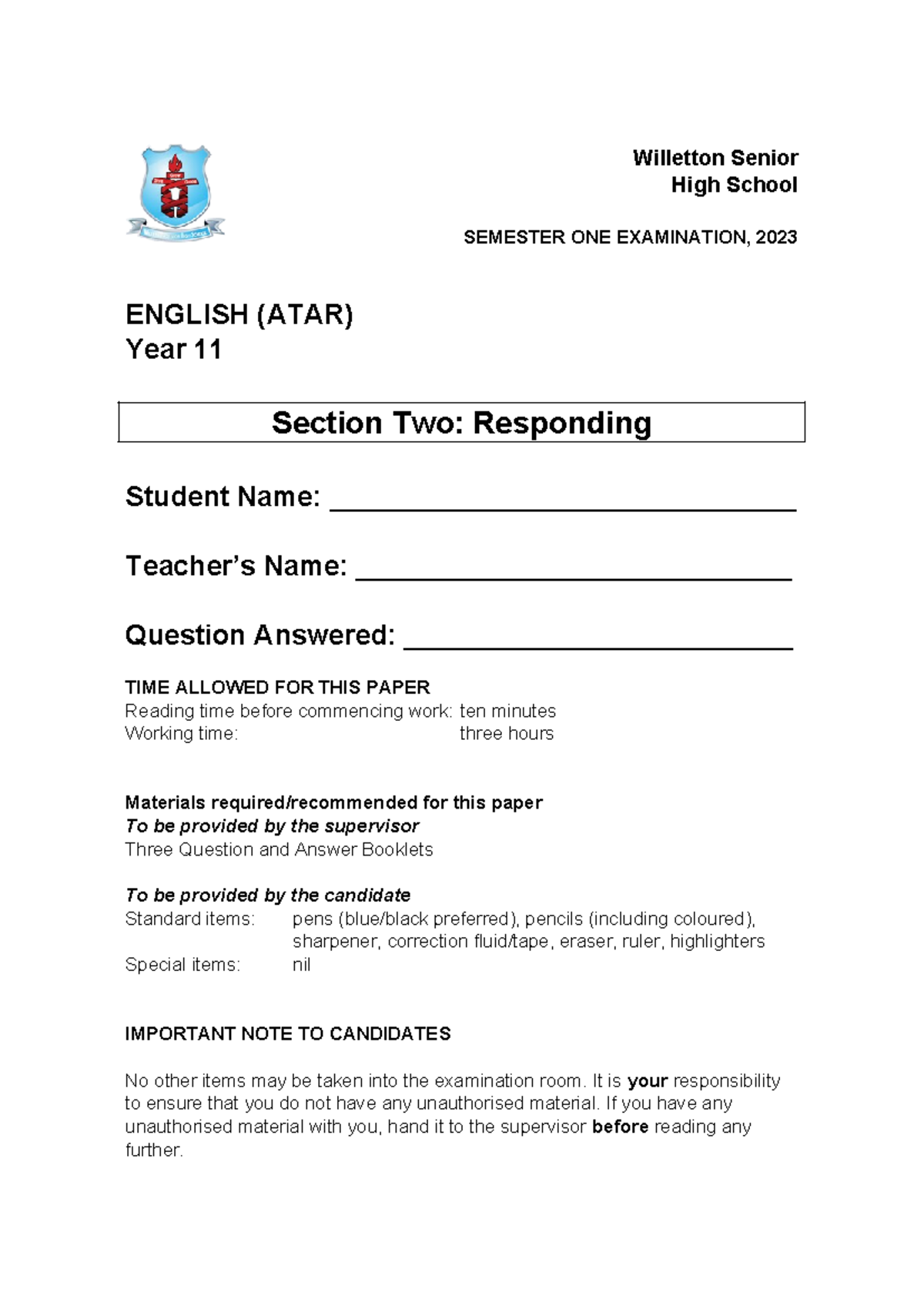 2023 YR 11 English ATAR - Sect 2 Responding Practice Exam Guide - Studocu